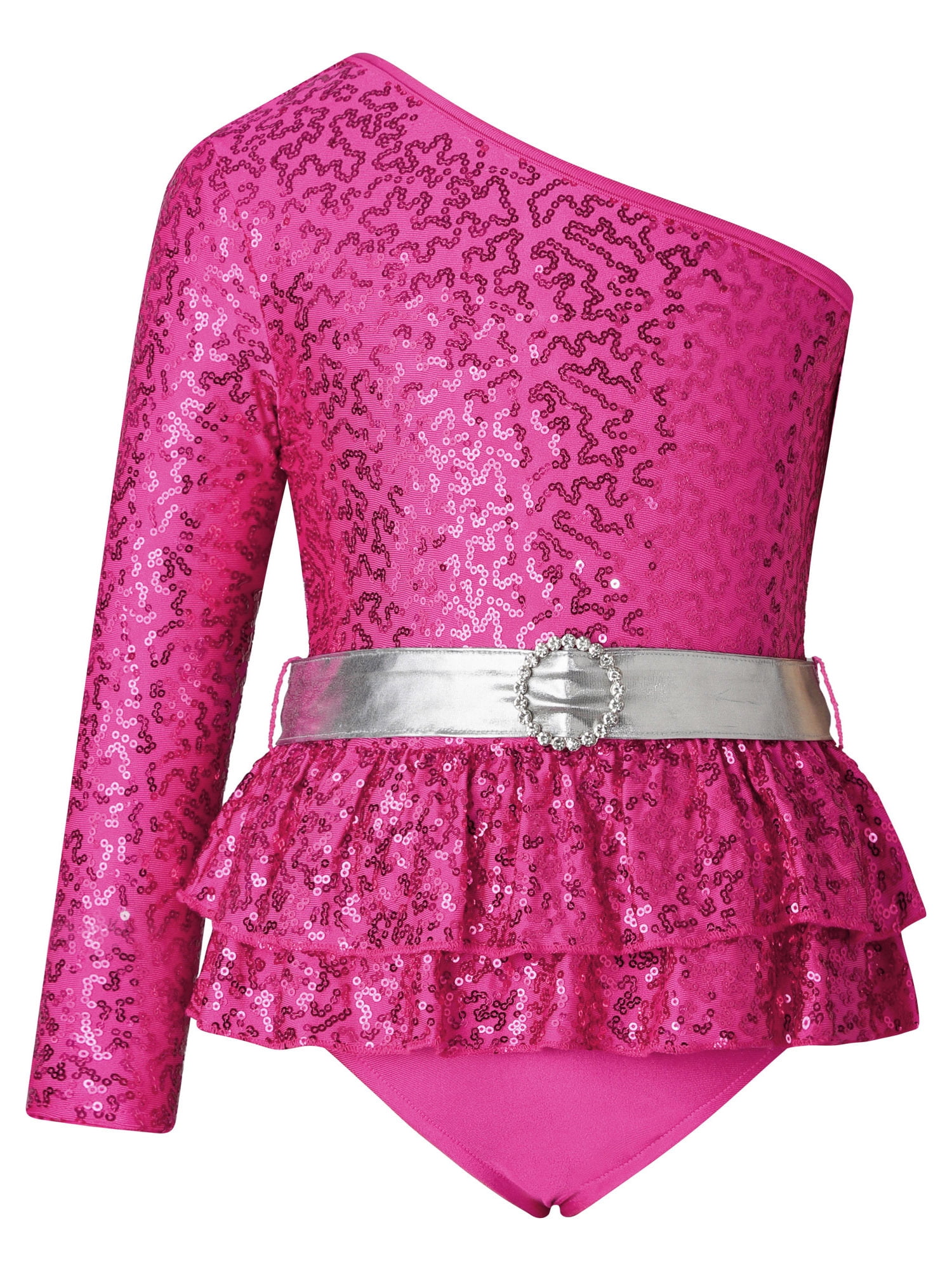 iEFiEL Kids Girls Single Long Sleeve Gymnastics Ballet Leotard Oblique Shoulder Shiny Sequins ...