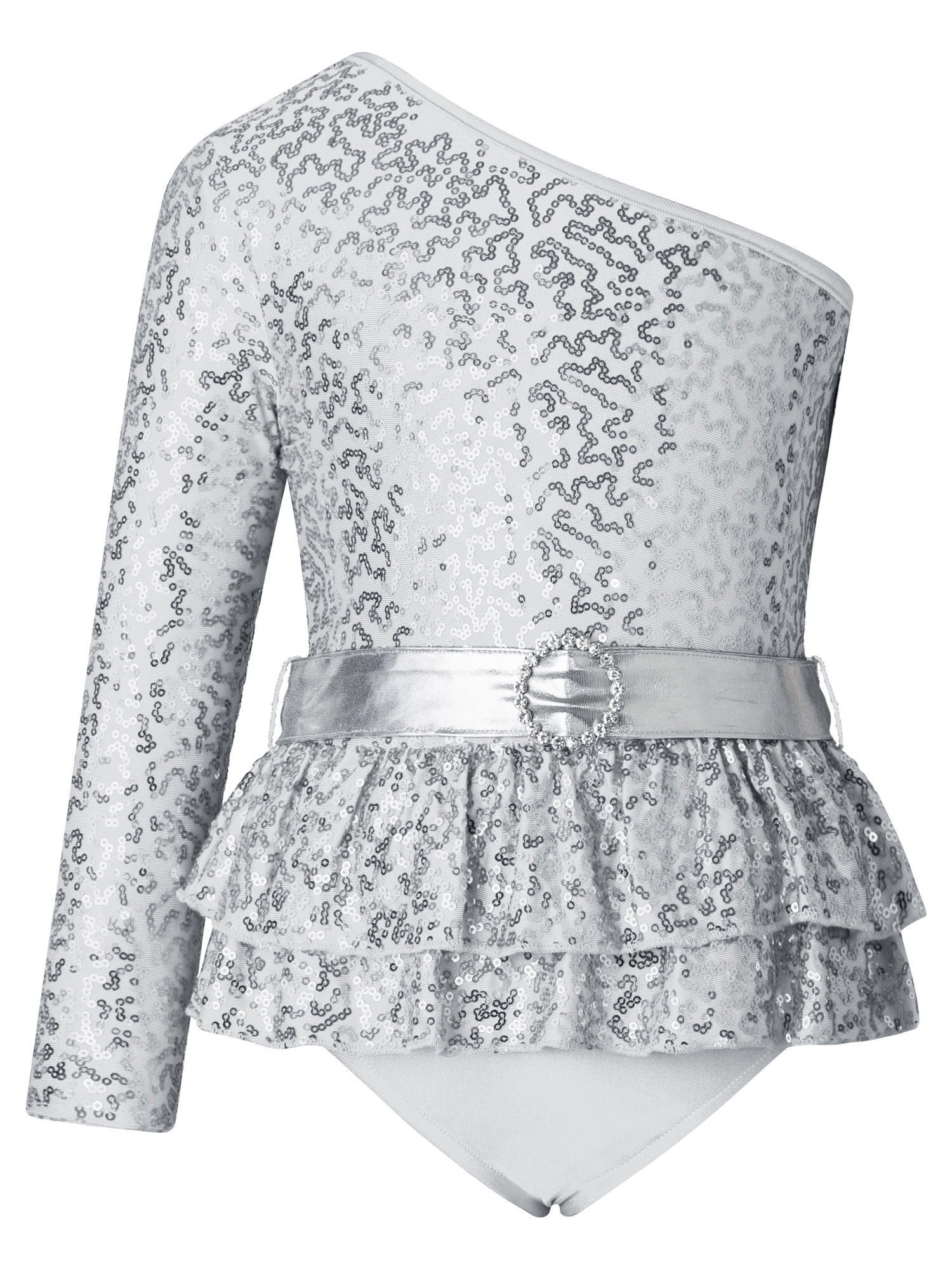 iEFiEL Kids Girls Single Long Sleeve Gymnastics Ballet Leotard Oblique Shoulder Shiny Sequins ...