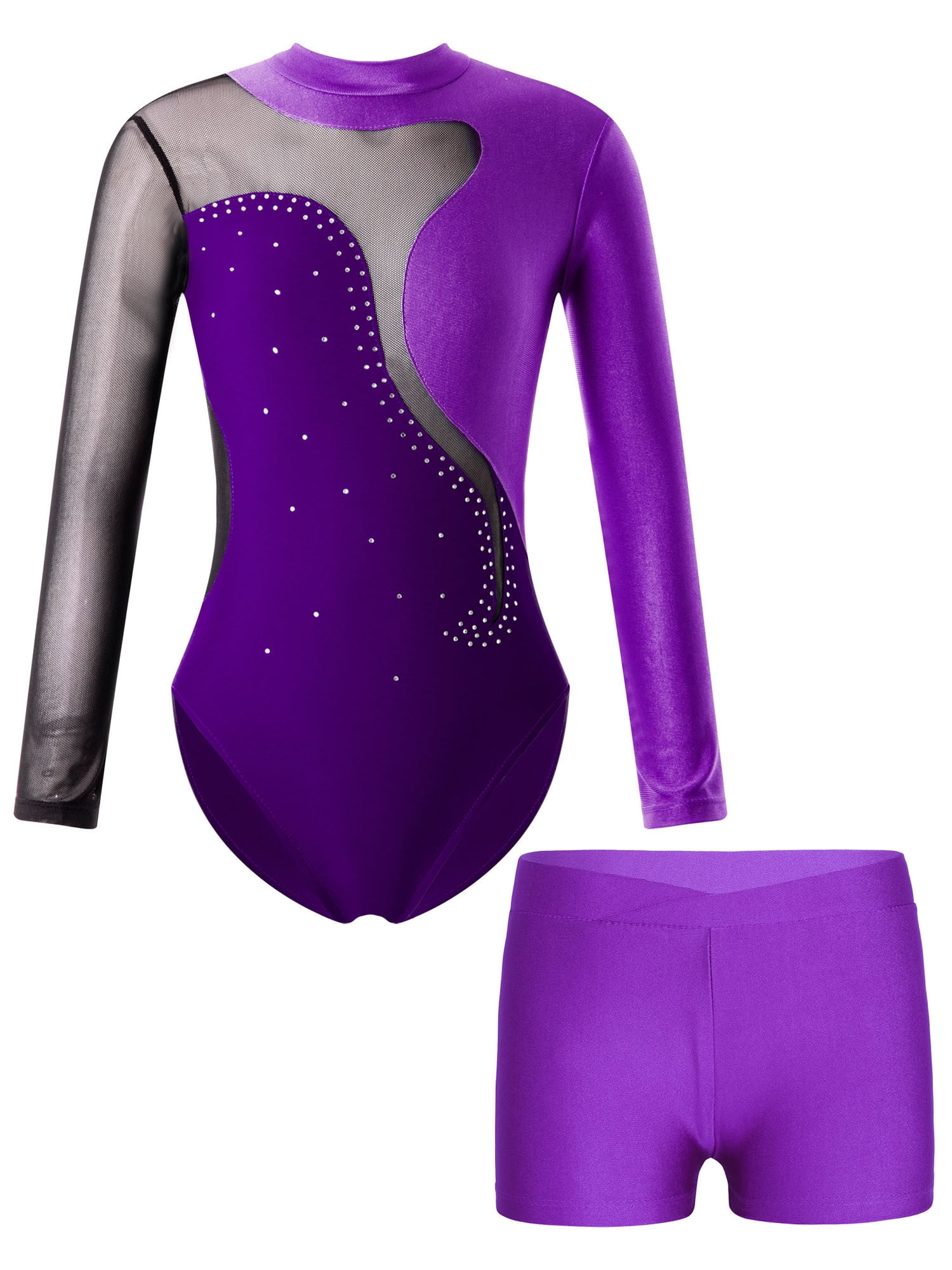 iEFiEL Kids Girls Skating Performance Outfit Shiny Rhinestone Contrast ...