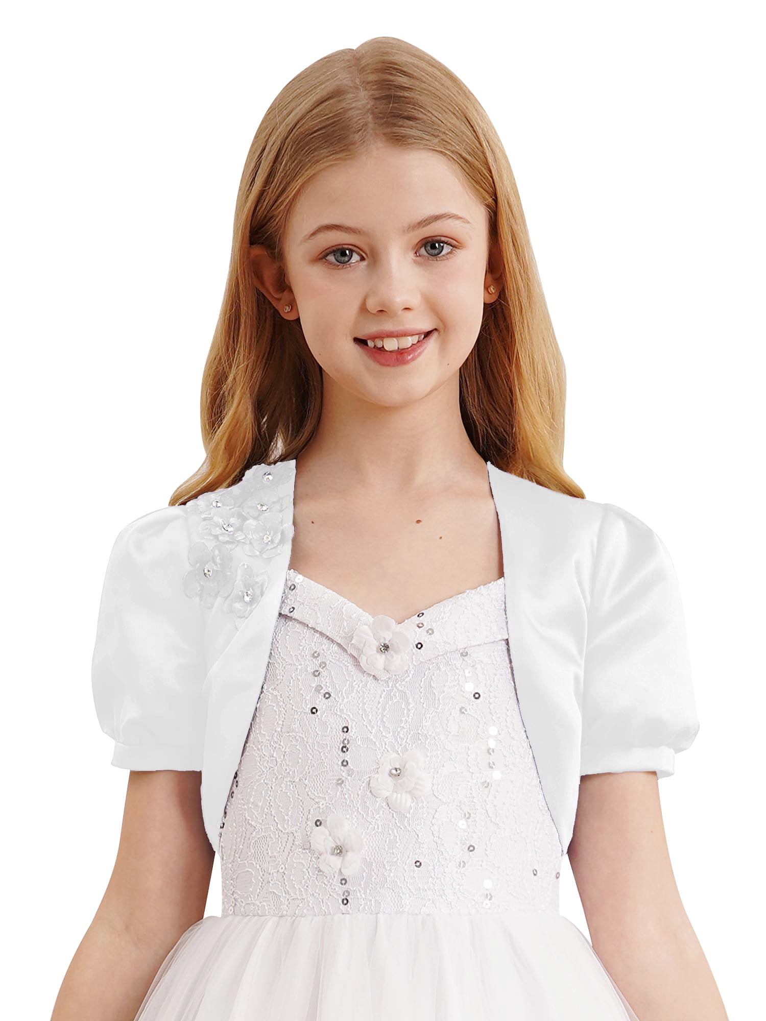 iEFiEL Kids Girls Sparkly 3D Applique Bolero Solid Shrug Puff Sleeve ...