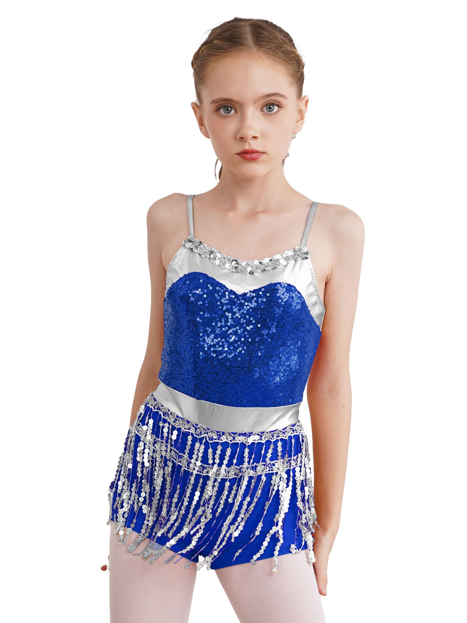 iEFiEL Kids Girls Sparkly Sequins Tassel Latin Jazz Leotard Costume ...