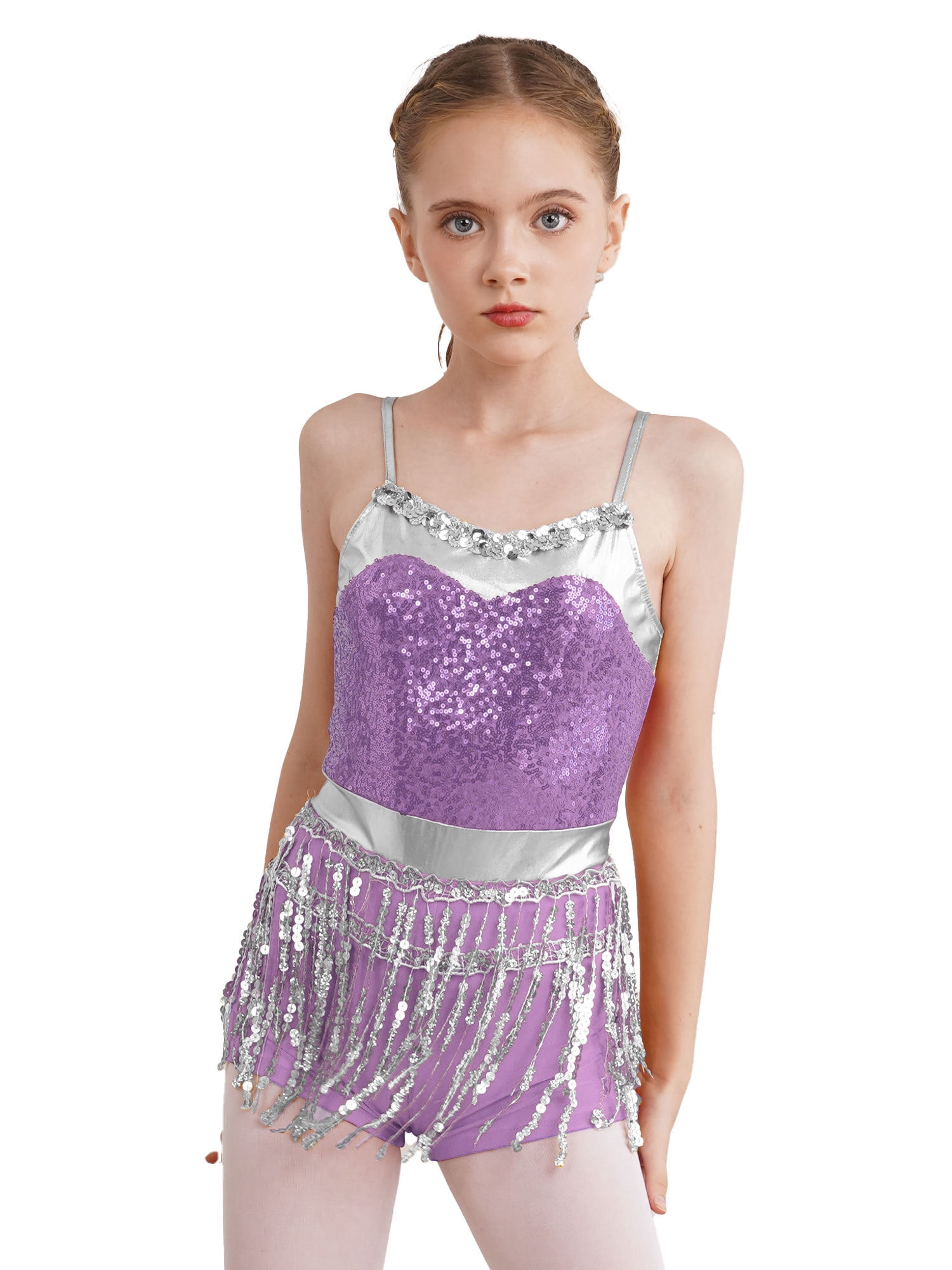 iEFiEL Kids Girls Sparkly Sequins Tassel Latin Jazz Leotard Costume ...