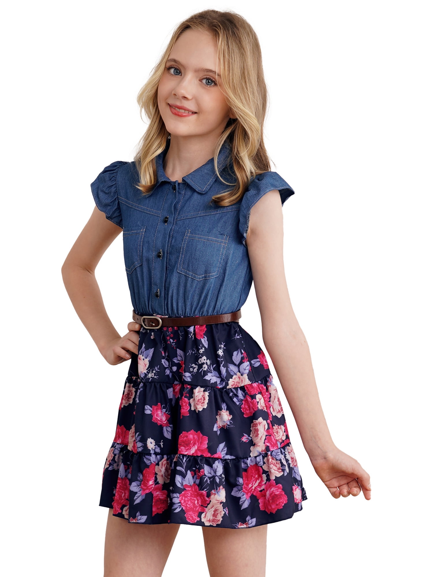 iEFiEL Kids Girls Summer A-line Dress, Denim Bodice, Floral Print, Navy ...