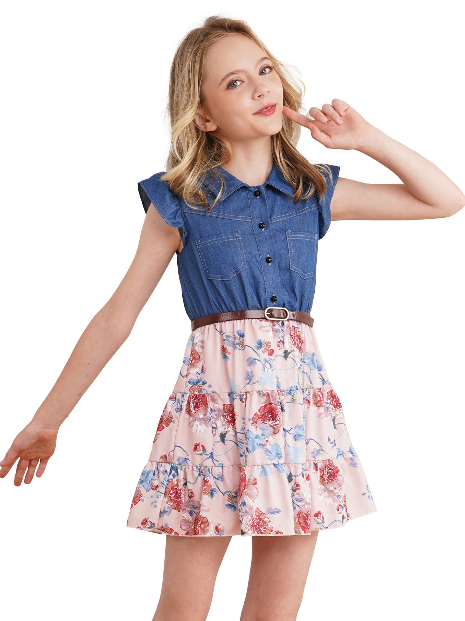 iEFiEL Kids Girls Summer A-line Dress Denim Bodice Floral Print Dress ...