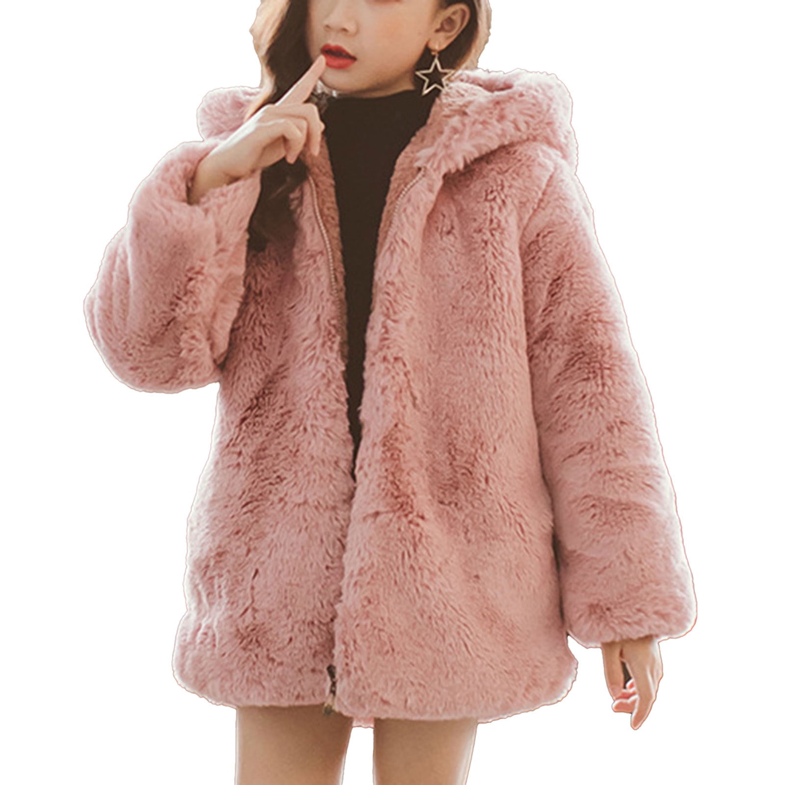 iEFiEL Kids Girls Thicken Faux Fur Coat Long Sleeve Hooded Winter ...