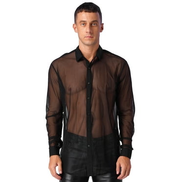 Men's Black Summer Mesh See-through Tops Shirts Long Sleeve Sheer ...