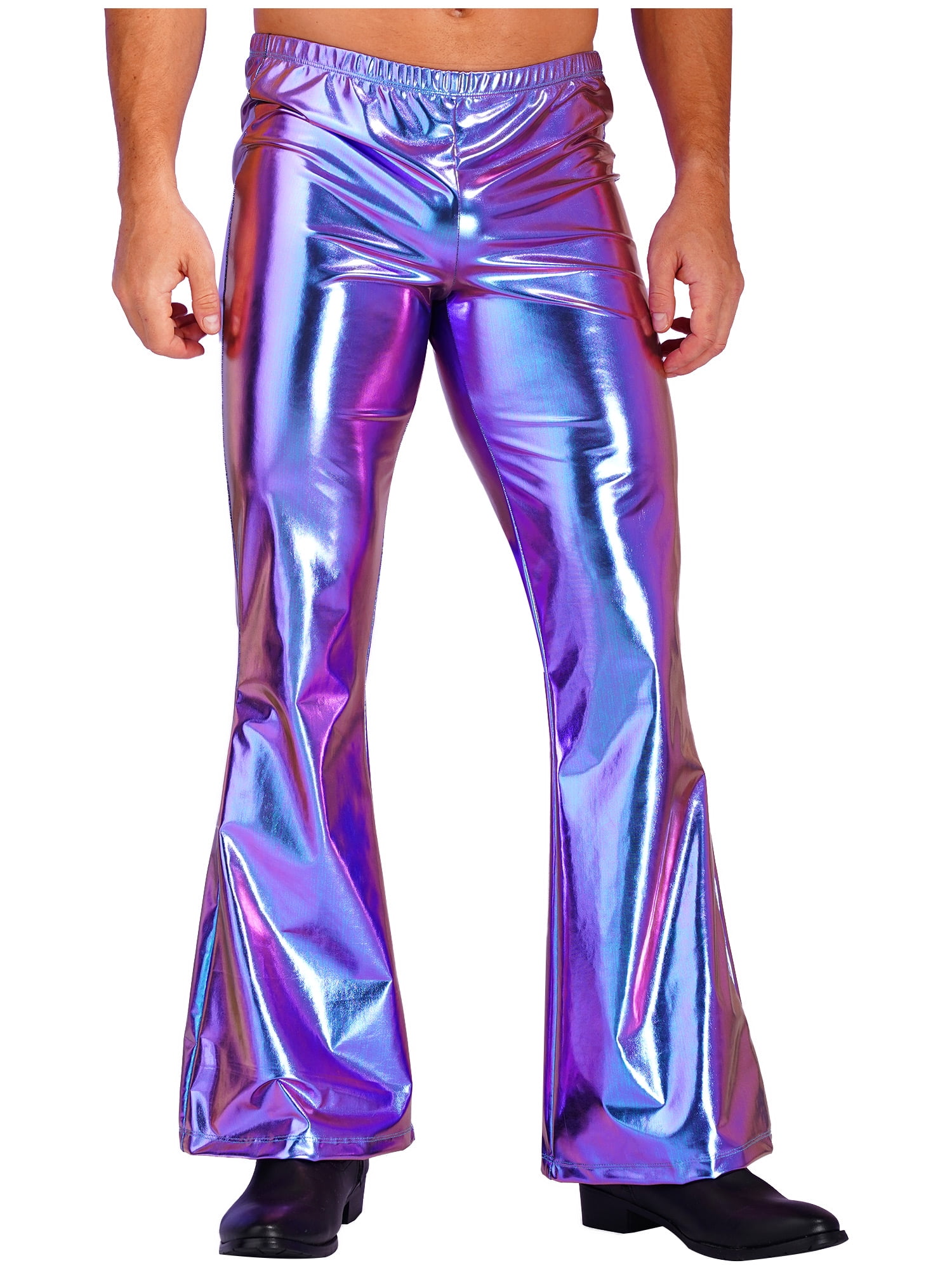iEFiEL Men’s Shiny Metallic Disco Pants Patent Leather Retro 70s Bell ...