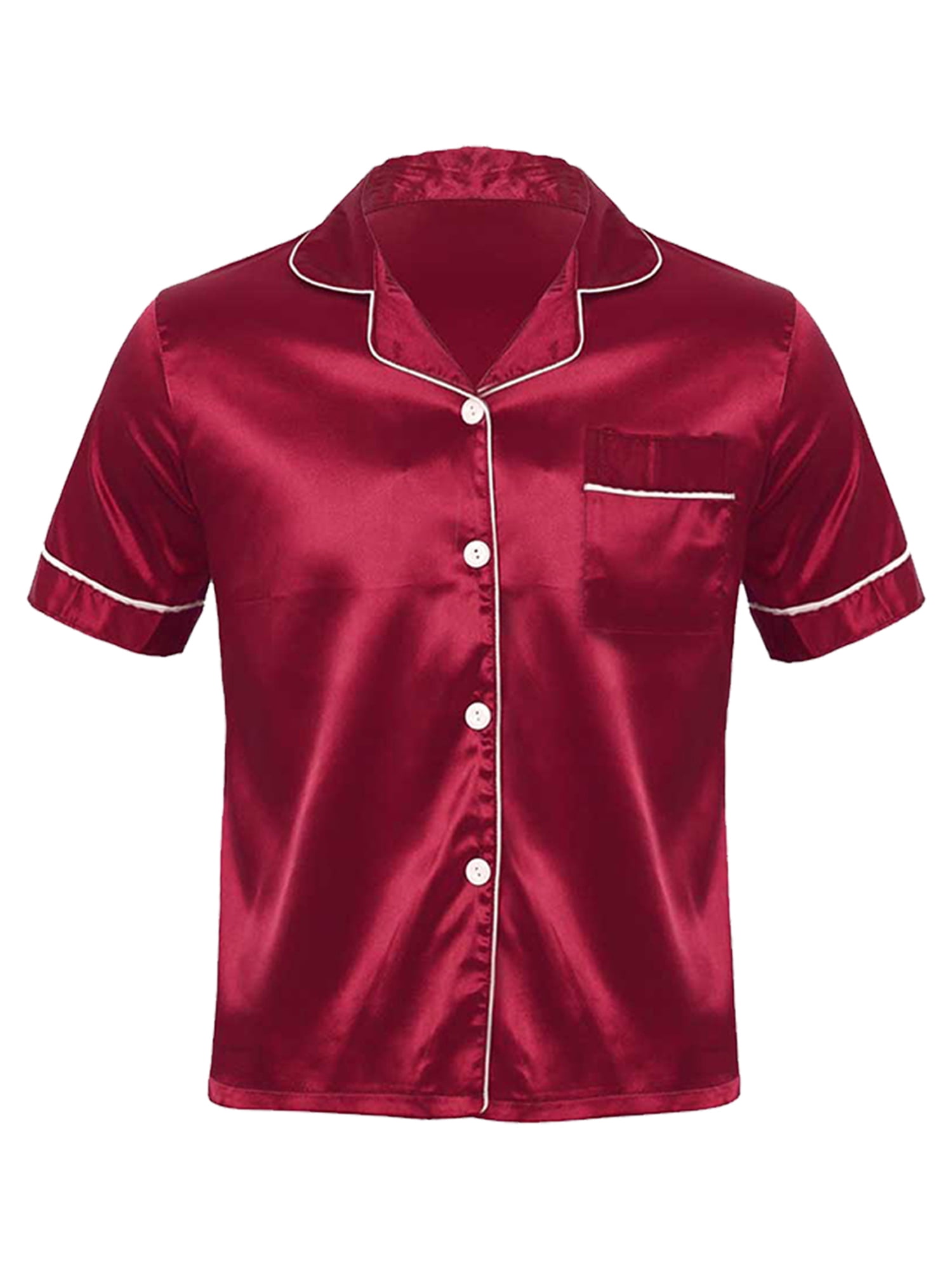 iEFiEL Men's Short Sleeve Silky Pajamas Tops Button Down Notch Collar ...