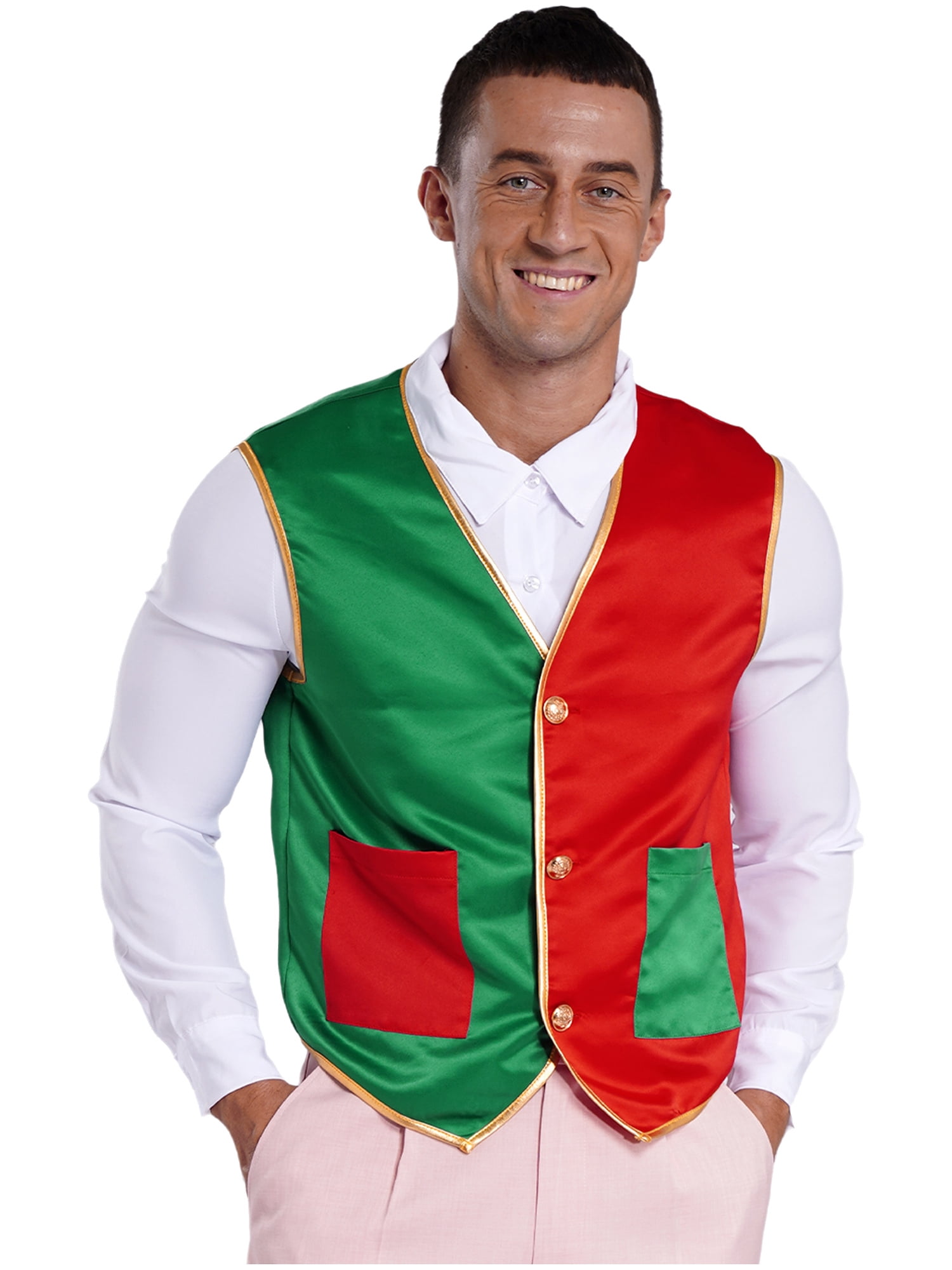 iEFiEL Mens Christmas Santa Elf Vest Sleeveless Red Green Color Block ...