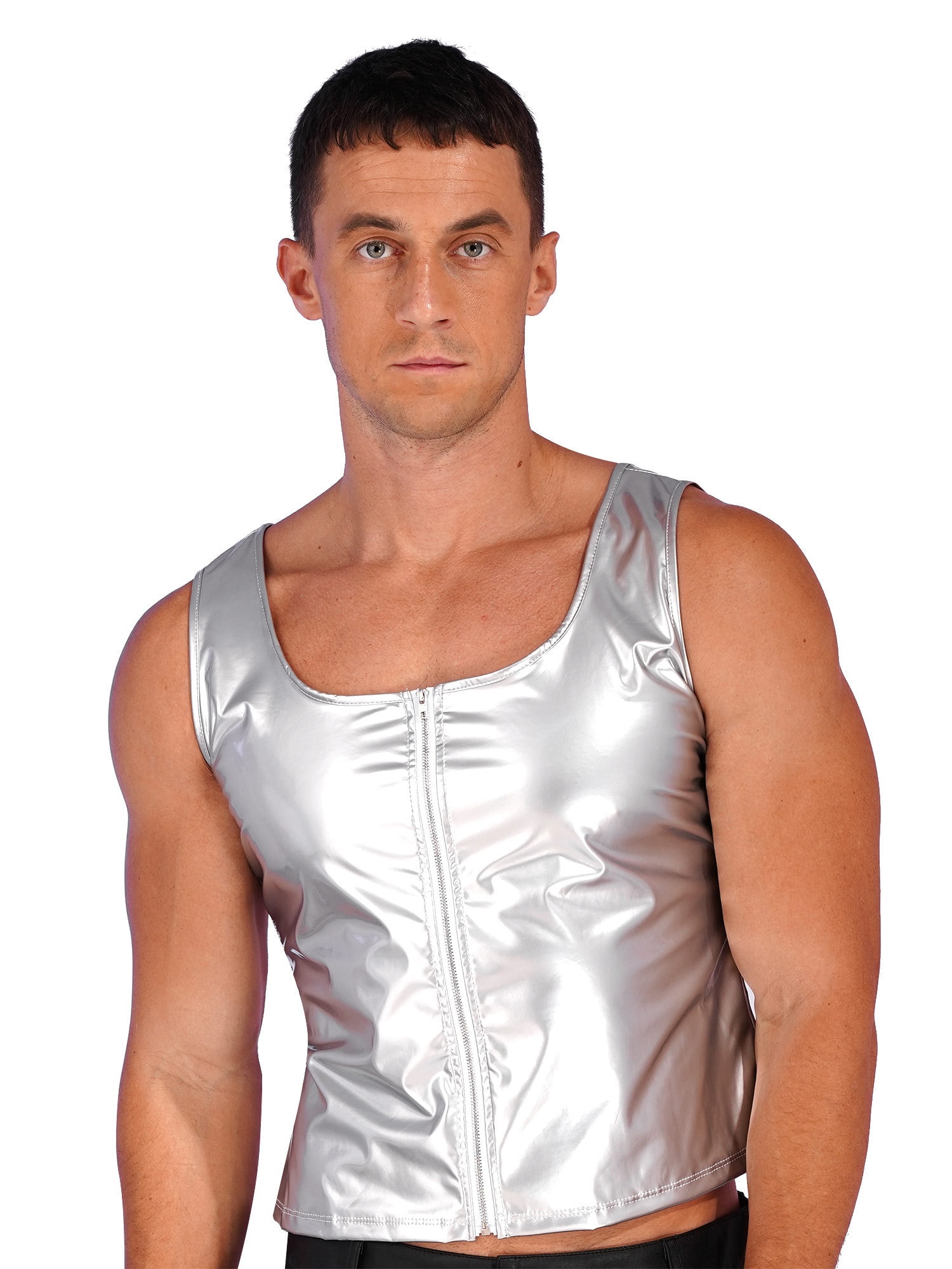 iEFiEL Mens Latex Wet Look Tops Shiny Tank Top Lingerie U Neck Zipper ...