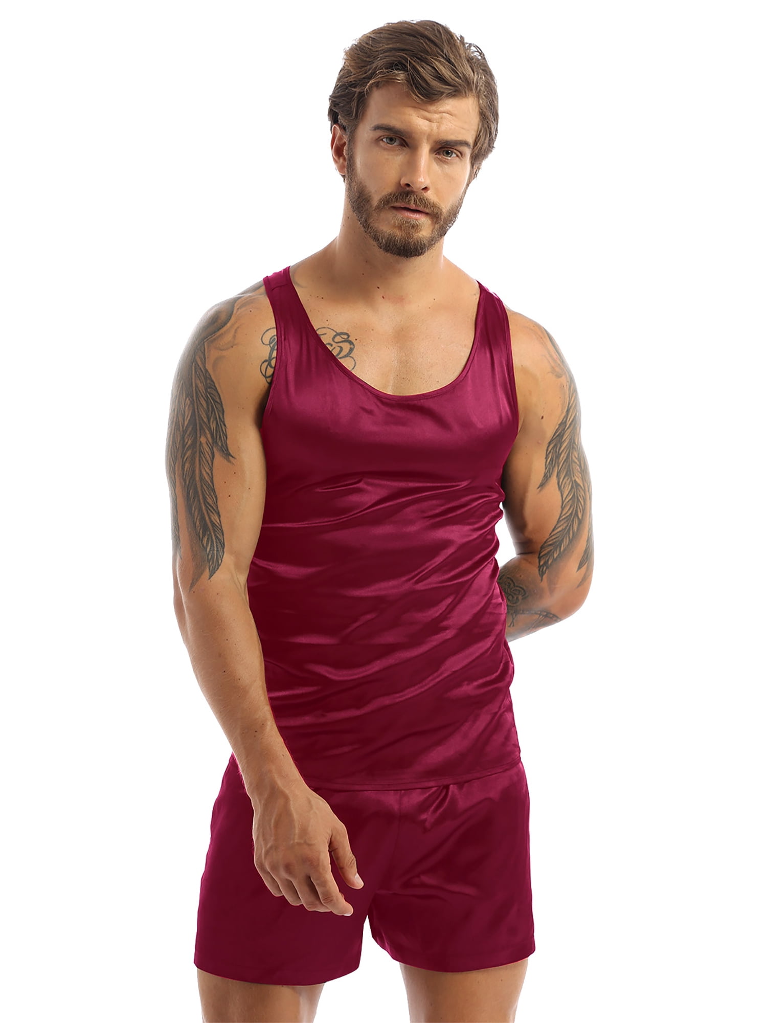 iEFiEL Mens Satin Pajamas Nightwear Tank Top with Shorts Sleepwear ...