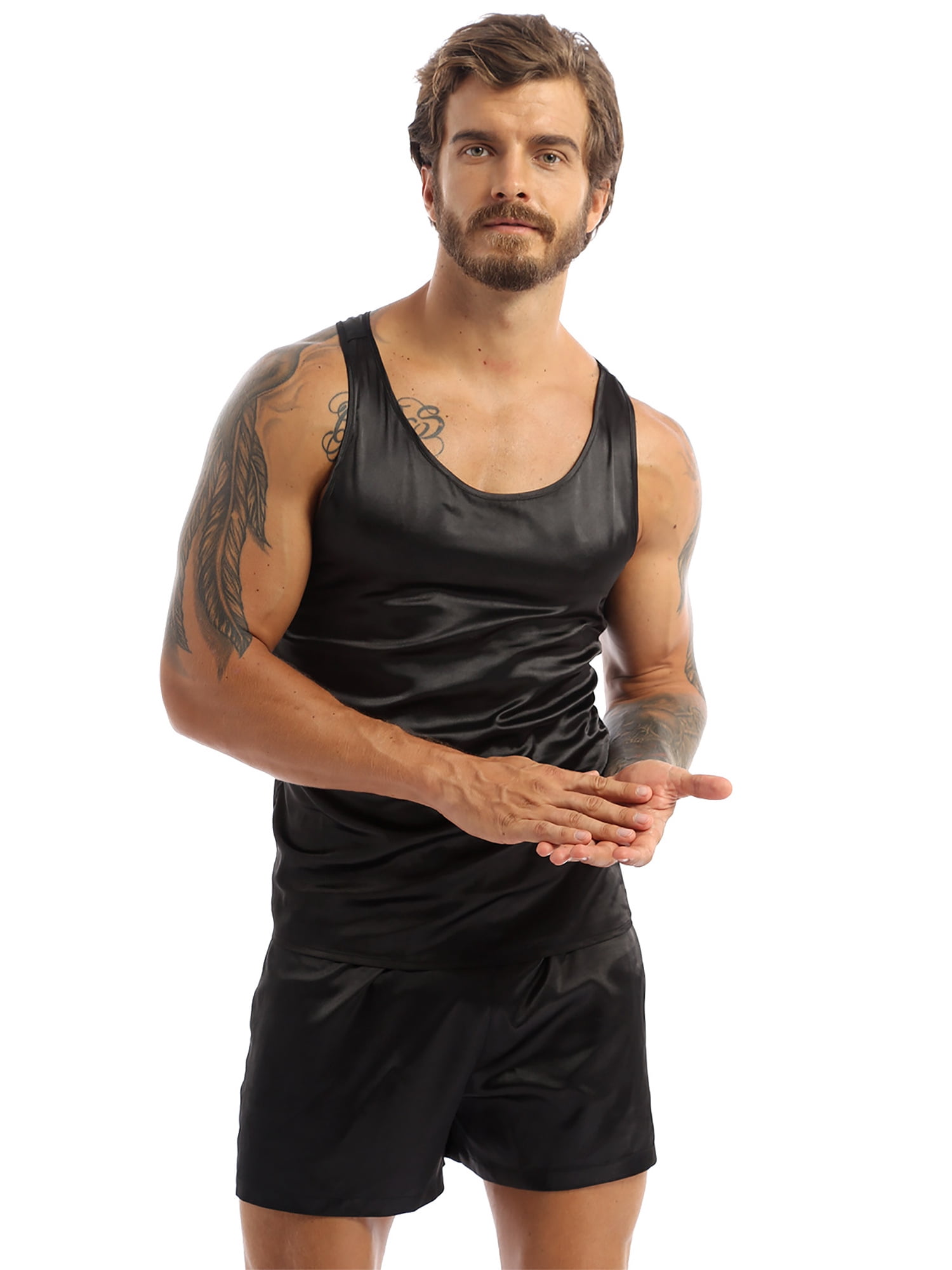 iEFiEL Mens Satin Pajamas Nightwear Tank Top with Shorts Sleepwear ...