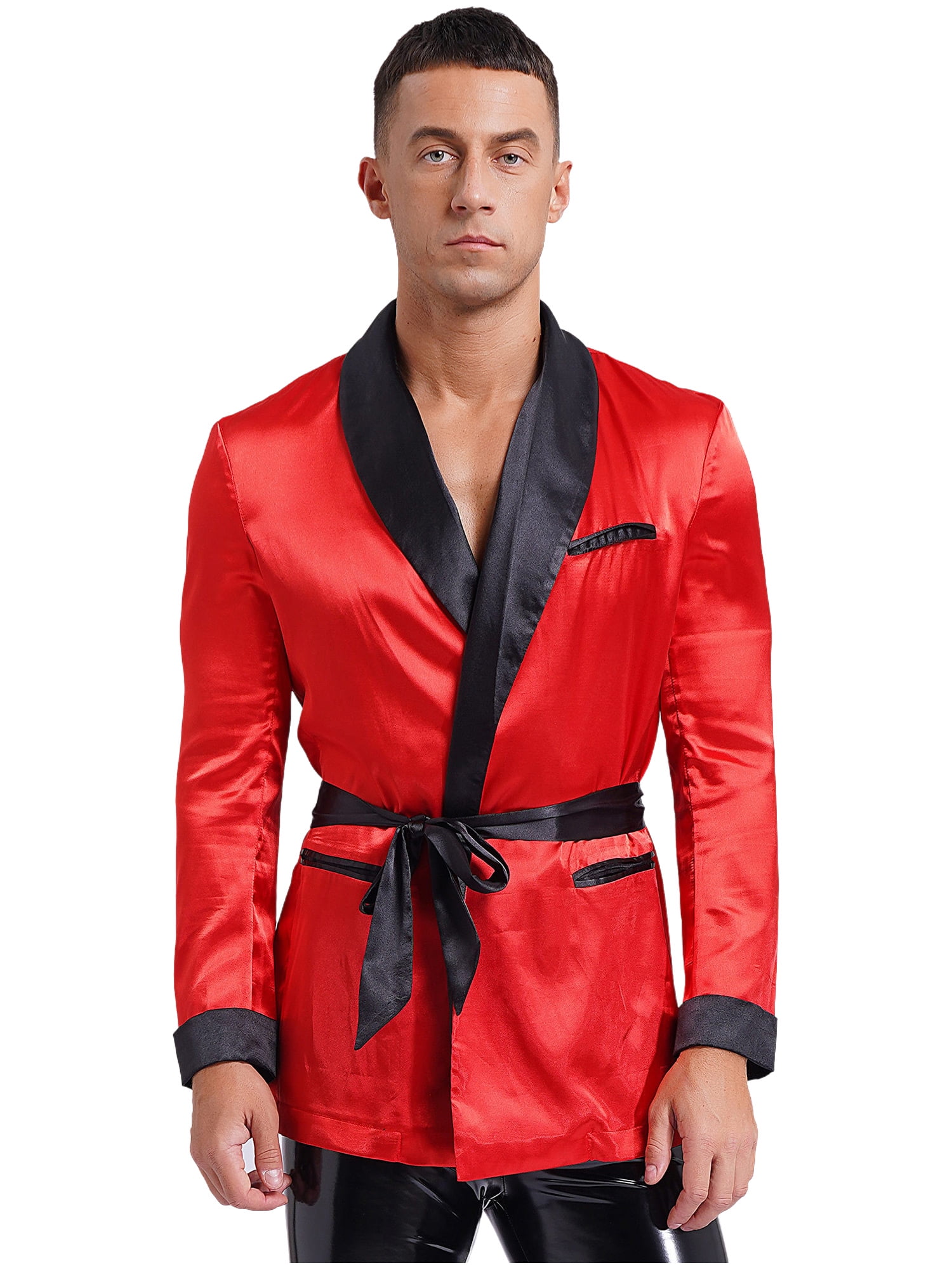 iEFiEL Mens Satin Smoking Jacket Short Robe Nightwear Lapel Long Sleeve ...