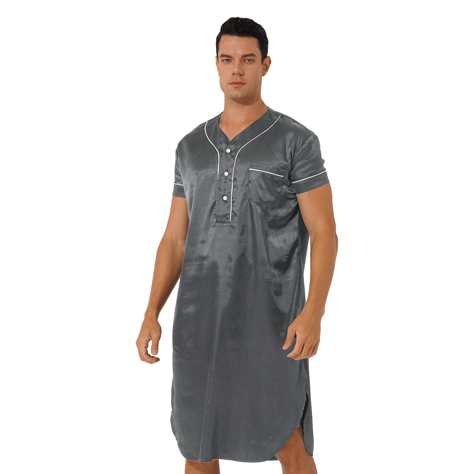 iEFiEL Mens Silky Satin Nightshirt Sleepwear Short Sleeve Button Down ...