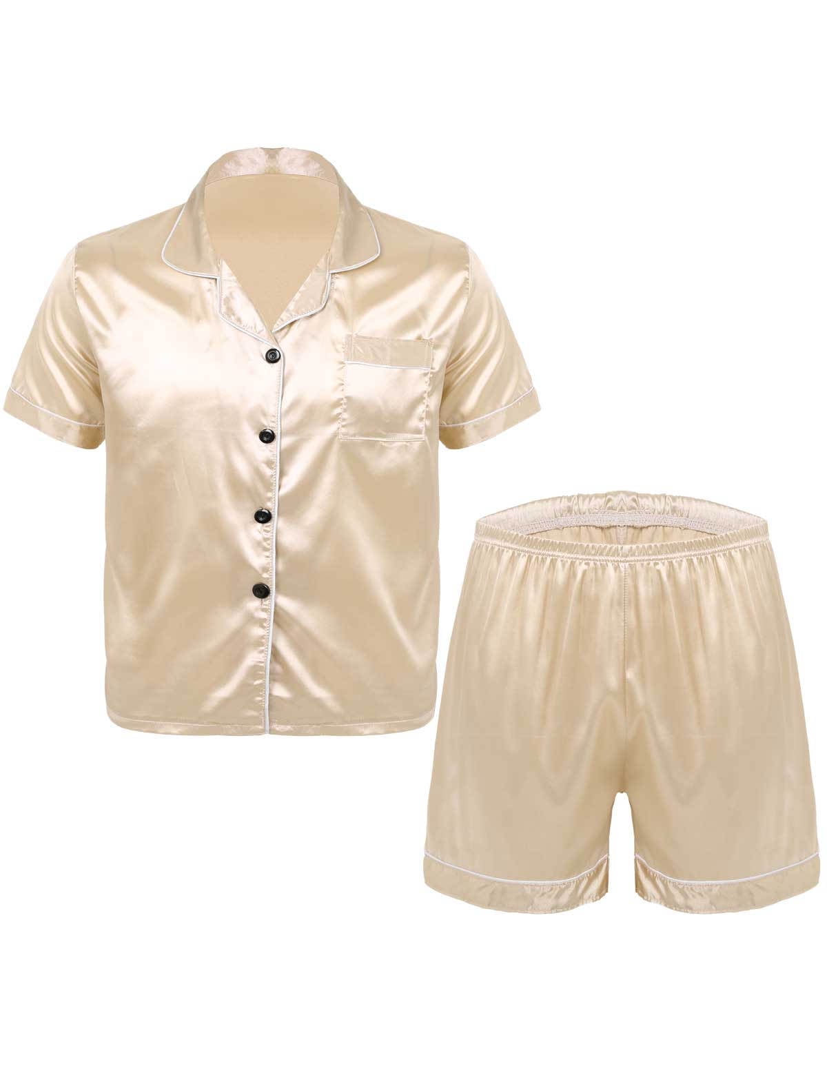 iEFiEL Mens Silky Satin Pajamas Set Short Sleeve Button T-Shirt Tops ...