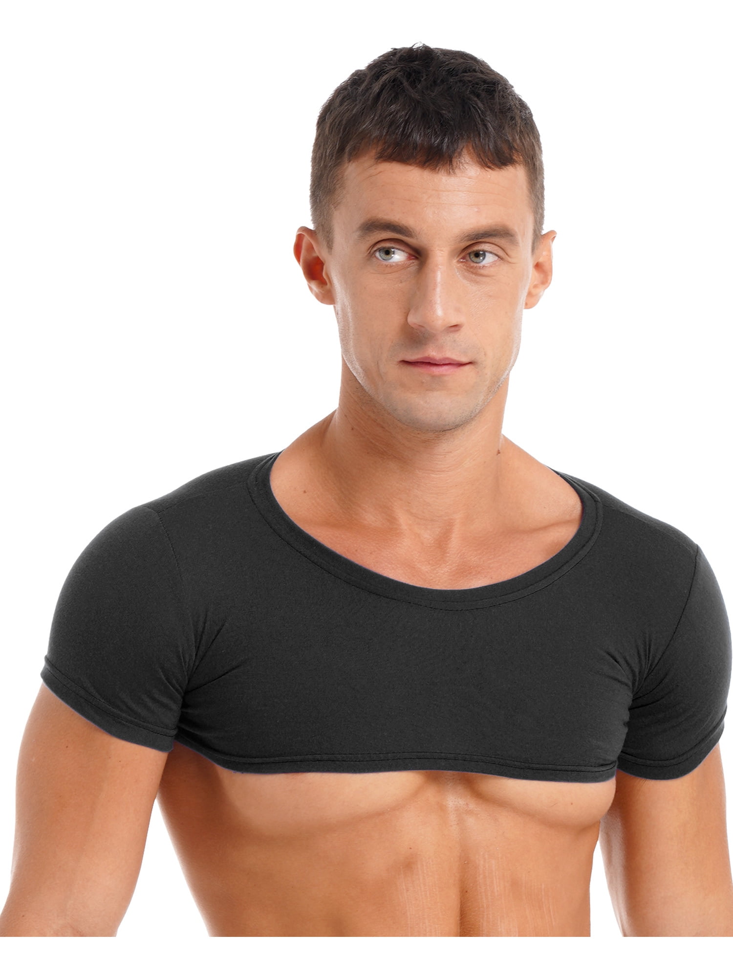 iEFiEL Mens Solid Color Crop Top Clubwear Short Sleeve T-Shirt Gym Rave ...