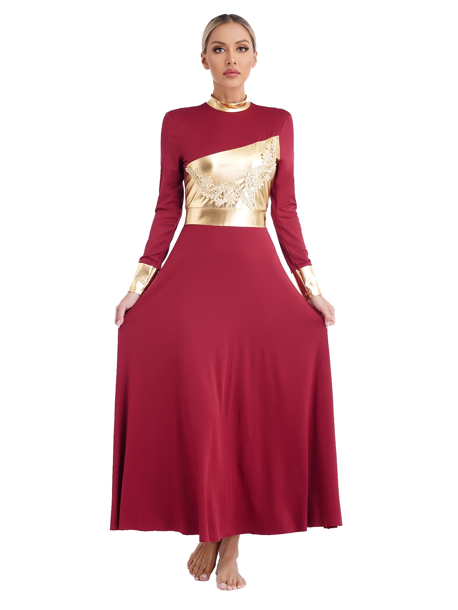 iEFiEL Women Metallic Gold Liturgical Praise Dance Dress Long Sleeve Lyrical Dancewear Church ...