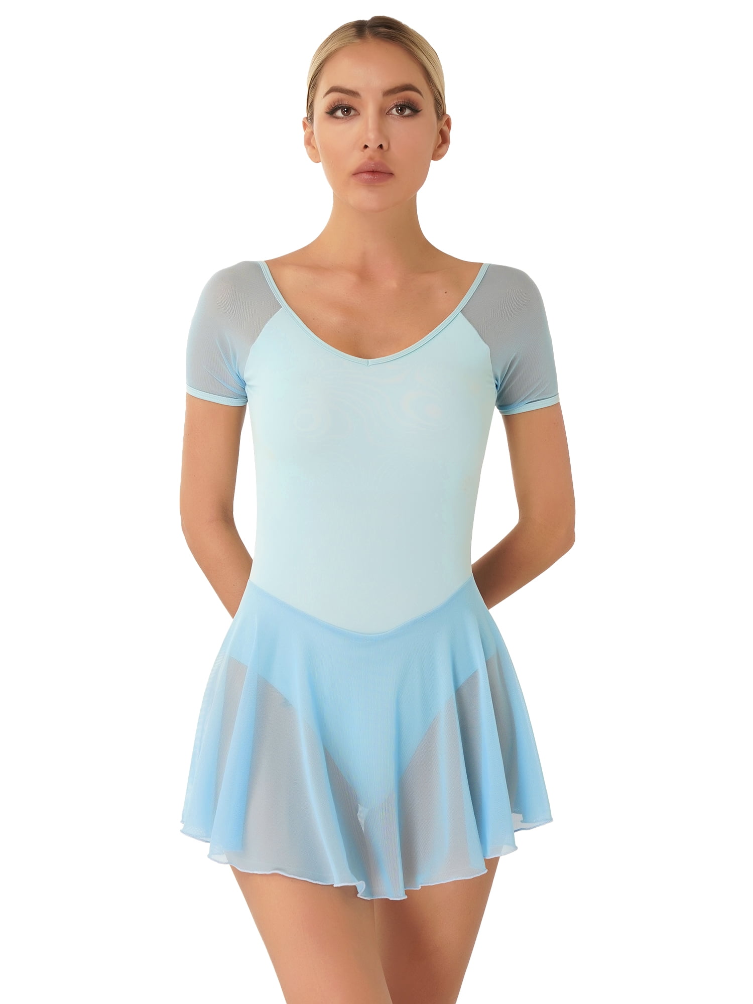 iEFiEL Women Skirted Leotards Ballet Dance Dress Short Sleeve Backless ...