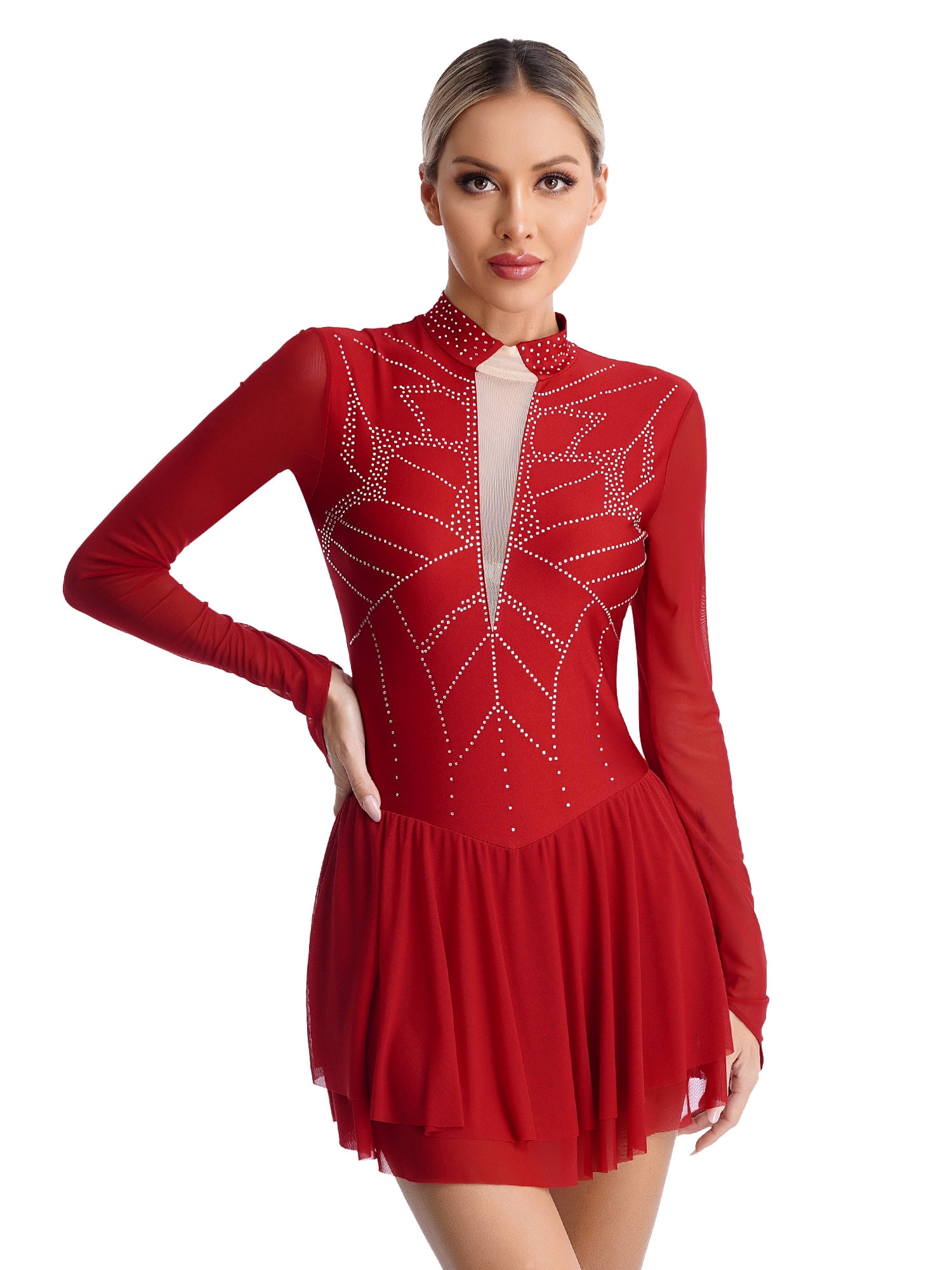 iEFiEL Women's Figure Ice Skating Dress Long Sleeve Shiny Rhinestones ...
