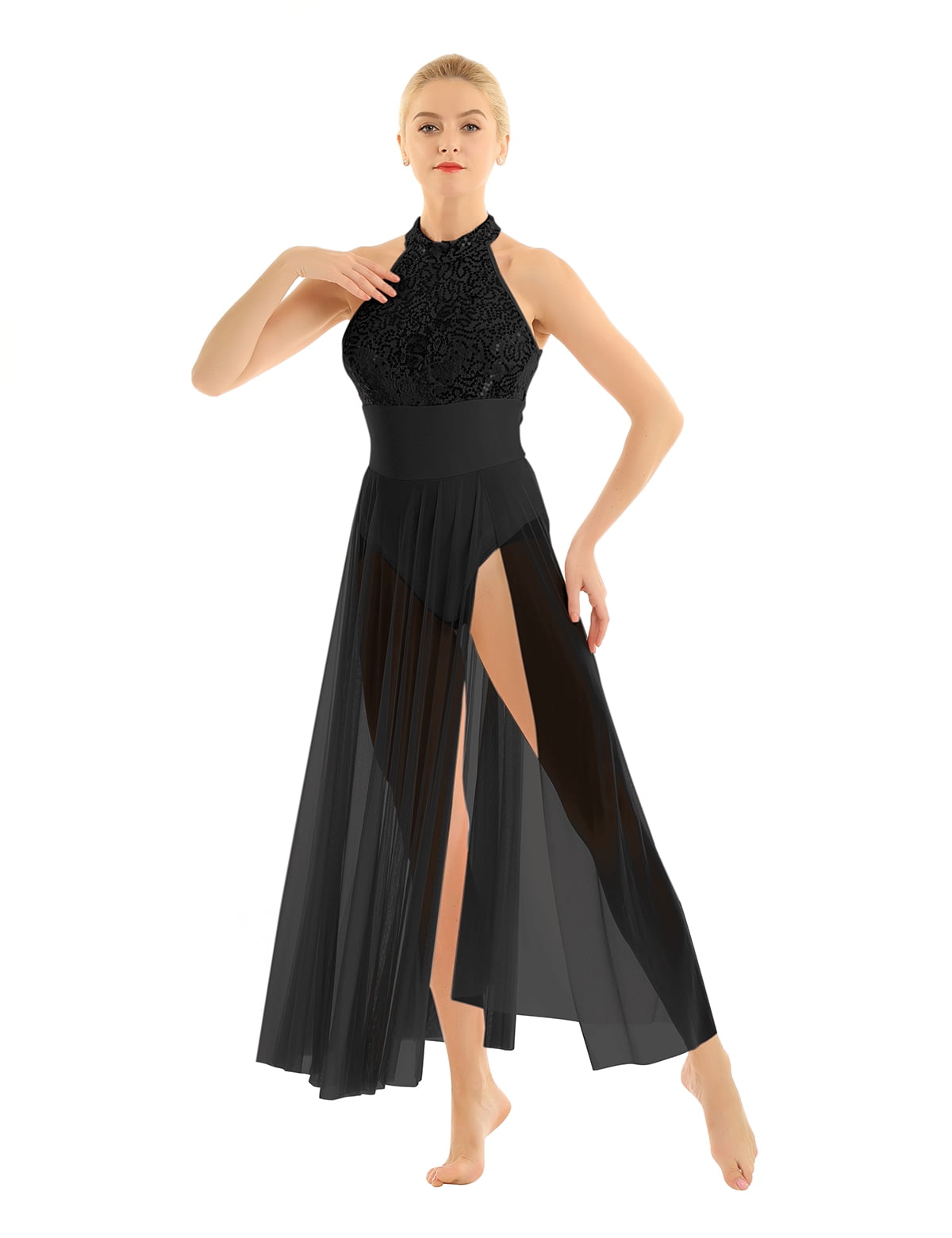 iEFiEL Women's Ballet Dance Leotard Sequins Maxi Long Dress Dancewear ...