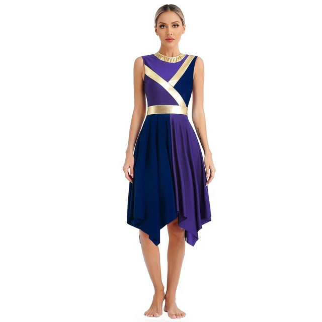 iEFiEL Womens Asymmetrical Praise Dance Dress Long Sleeve Overlay Choir Worship Costume Church ...