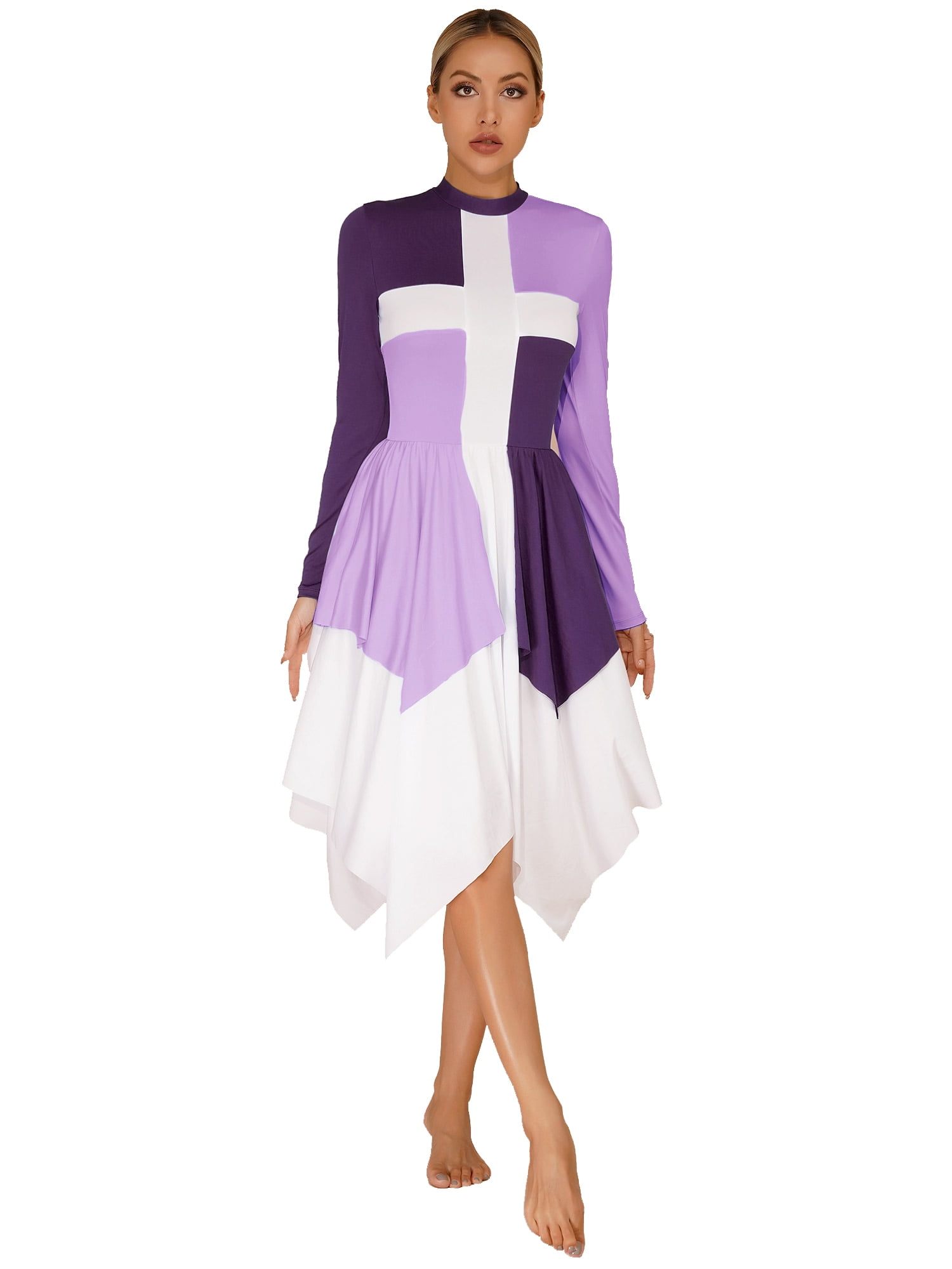 iEFiEL Womens Asymmetrical Praise Dance Dress Long Sleeve Overlay Choir ...