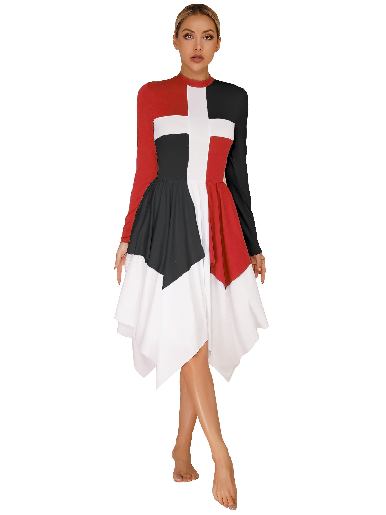 iEFiEL Womens Praise Dance Dress, Asymmetrical Long Sleeve, Red and ...