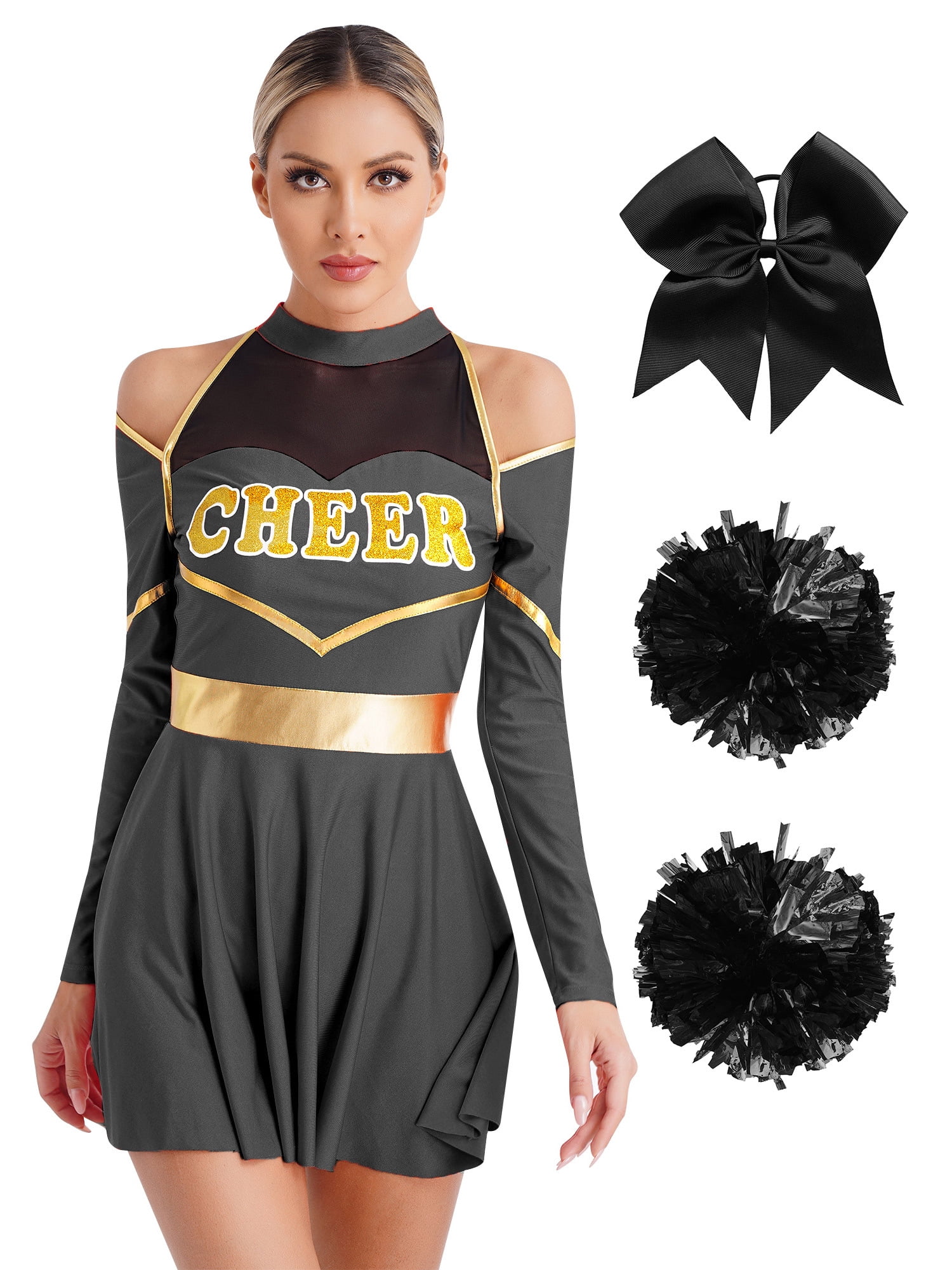 iEFiEL Womens Cheer Leader Uniform Cold Shoulders Cutout Dress Bowknot ...