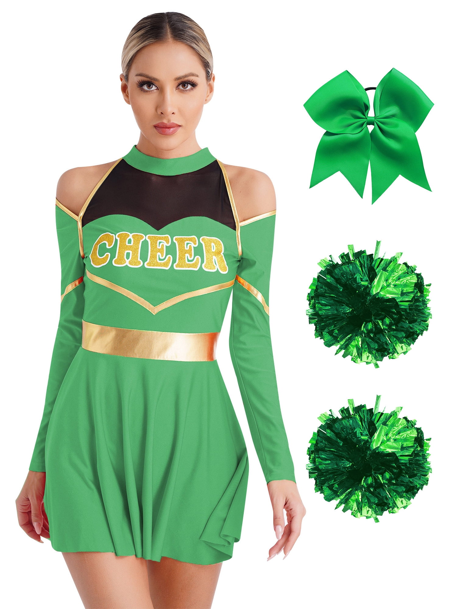 iEFiEL Womens Cheer Leader Uniform Cold Shoulders Cutout Dress Bowknot ...