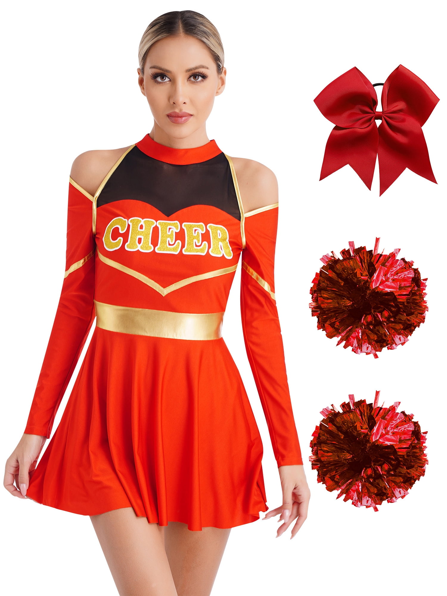 iEFiEL Womens Cheer Leader Uniform Cold Shoulders Cutout Dress Bowknot ...