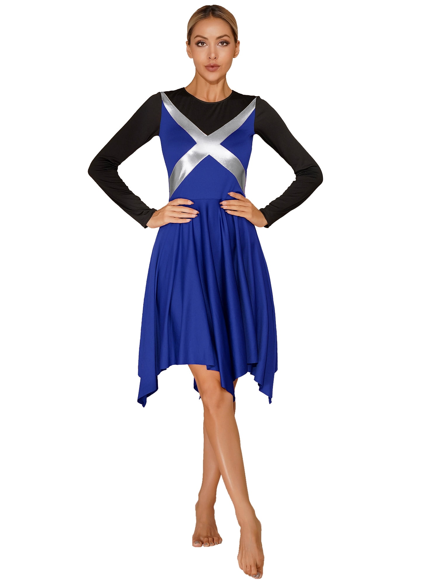 iEFiEL Womens Color Contrast Asymmetrical Hem Praise Dance Dress Long ...