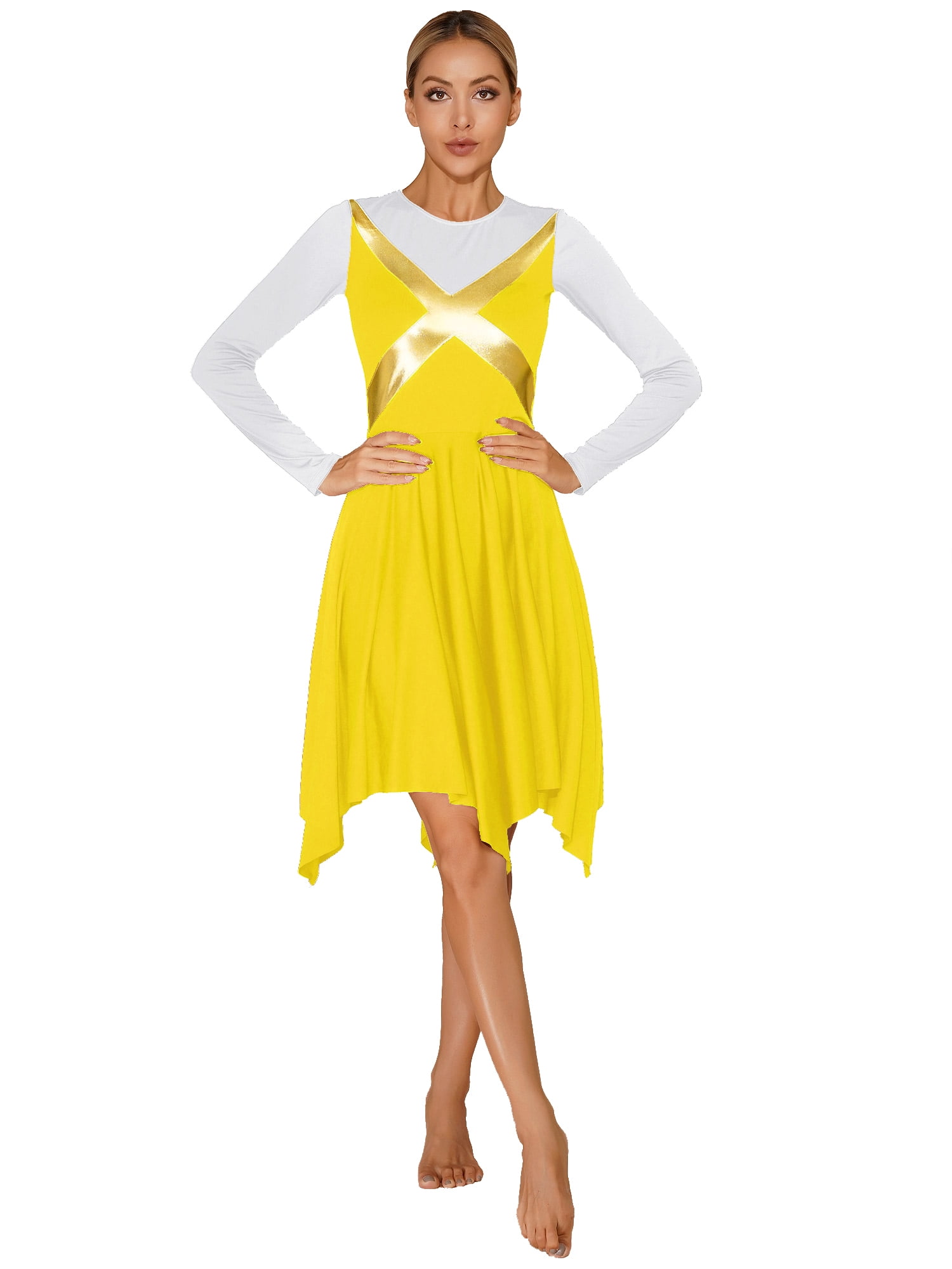 iEFiEL Womens Color Contrast Asymmetrical Hem Praise Dance Dress Long ...
