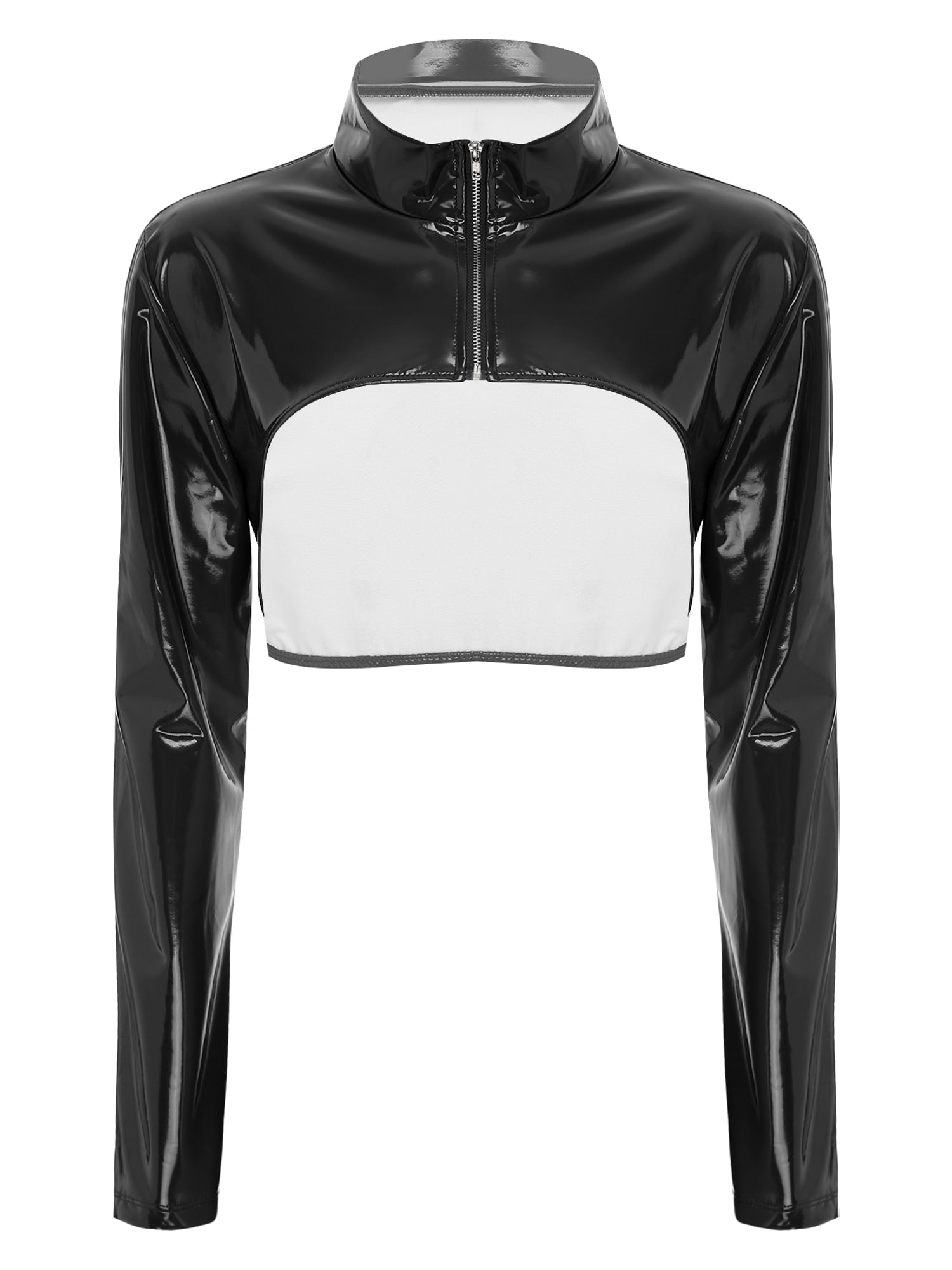iEFiEL Womens Glossy Patent Leather Crop Top Stand Collar Front Zipper ...