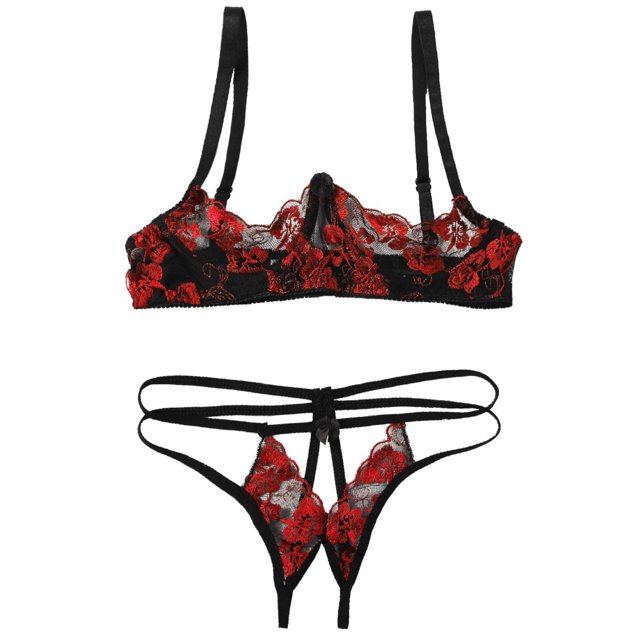 iEFiEL Womens Lingerie Set Embroidery Lace Open Cup Bralette with ...