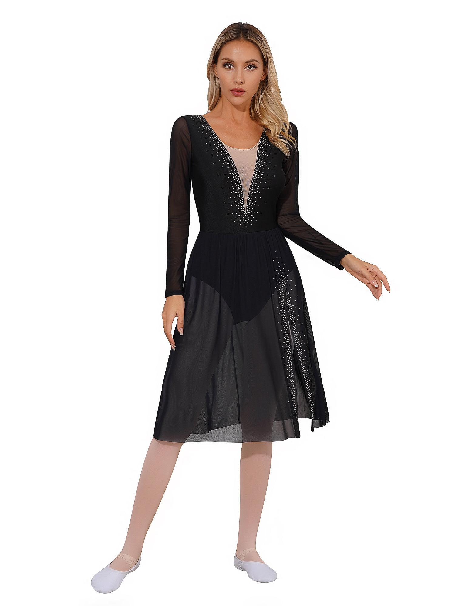 iEFiEL Womens Lyrical Dance Leotard Dress Ballet Gymnastics Skating Costume Long Sleeve ...