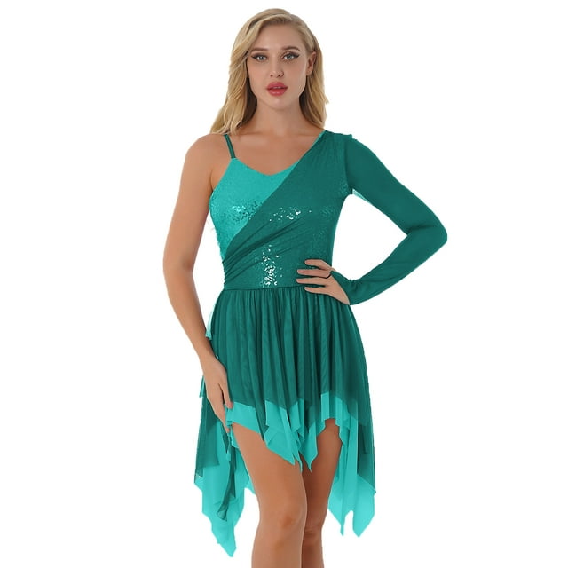 iEFiEL Womens One Shoulder Sequins Ballet Dance Dress Mesh Long Sleeve ...