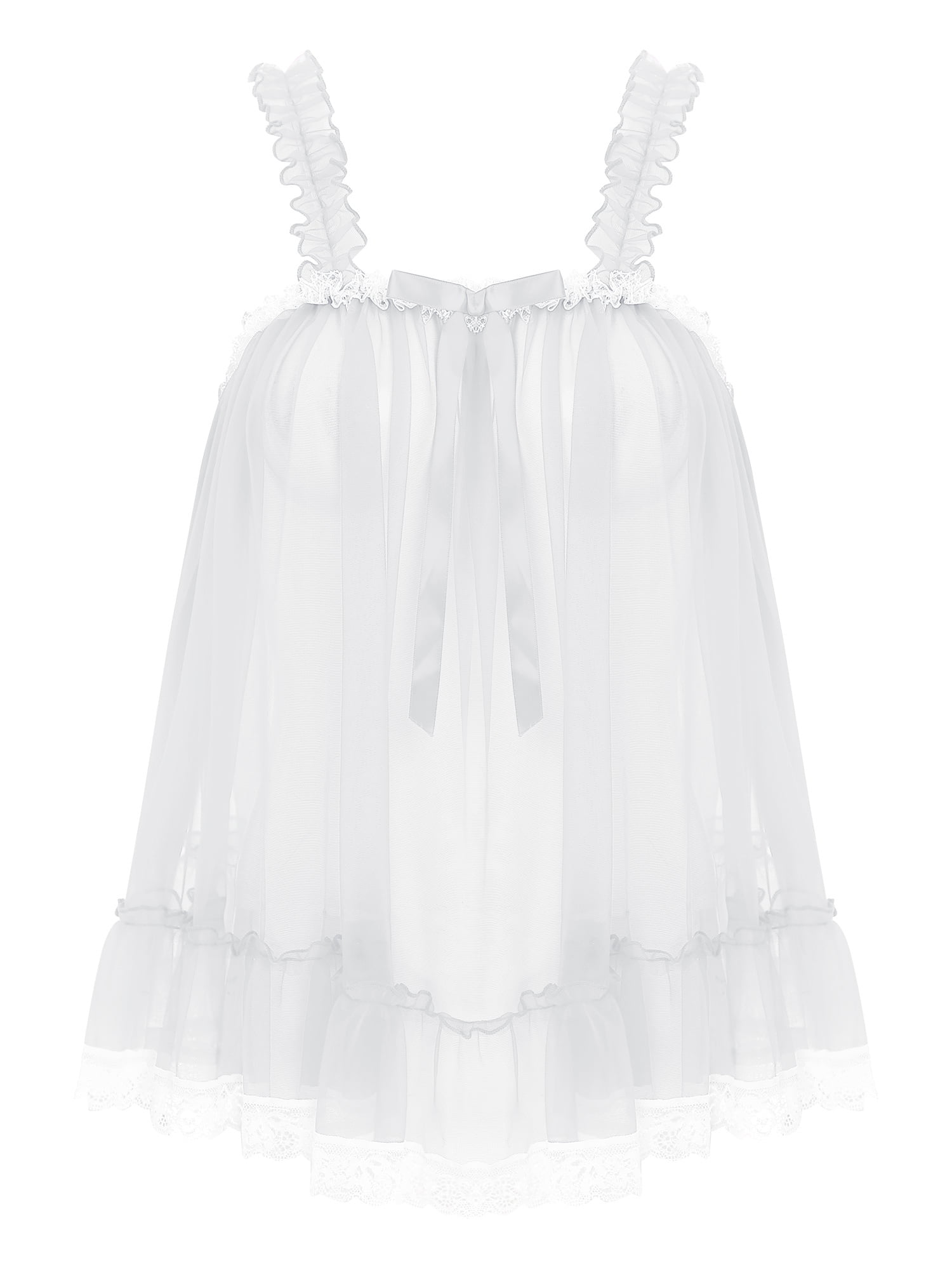 iEFiEL Womens Sheer Mesh Tops Ruffle Straps Bow See-Through Lace Trim ...