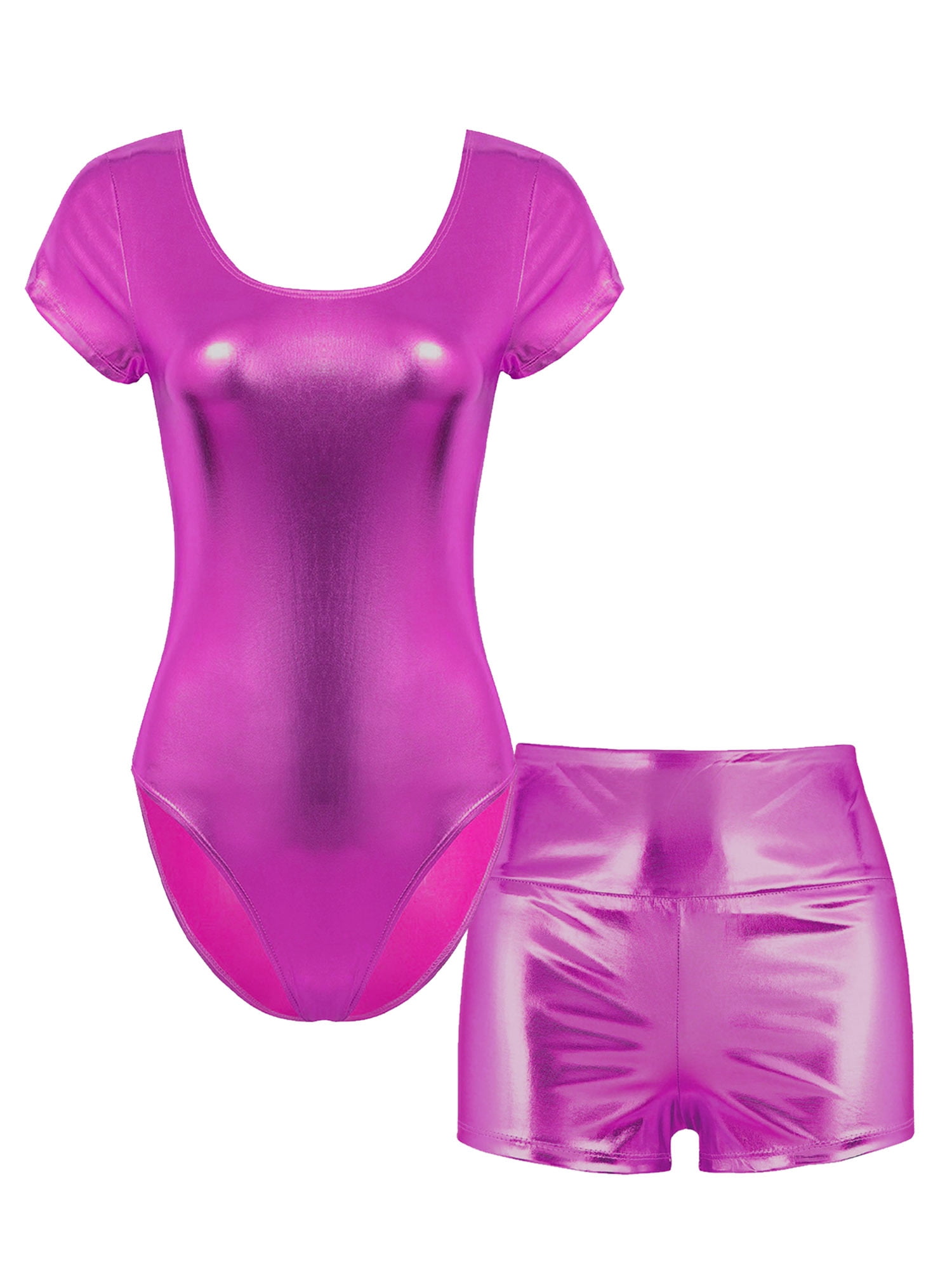 iEFiEL Womens Shiny Patent Leather Gym Suit Long/Short Sleeve Leotard ...