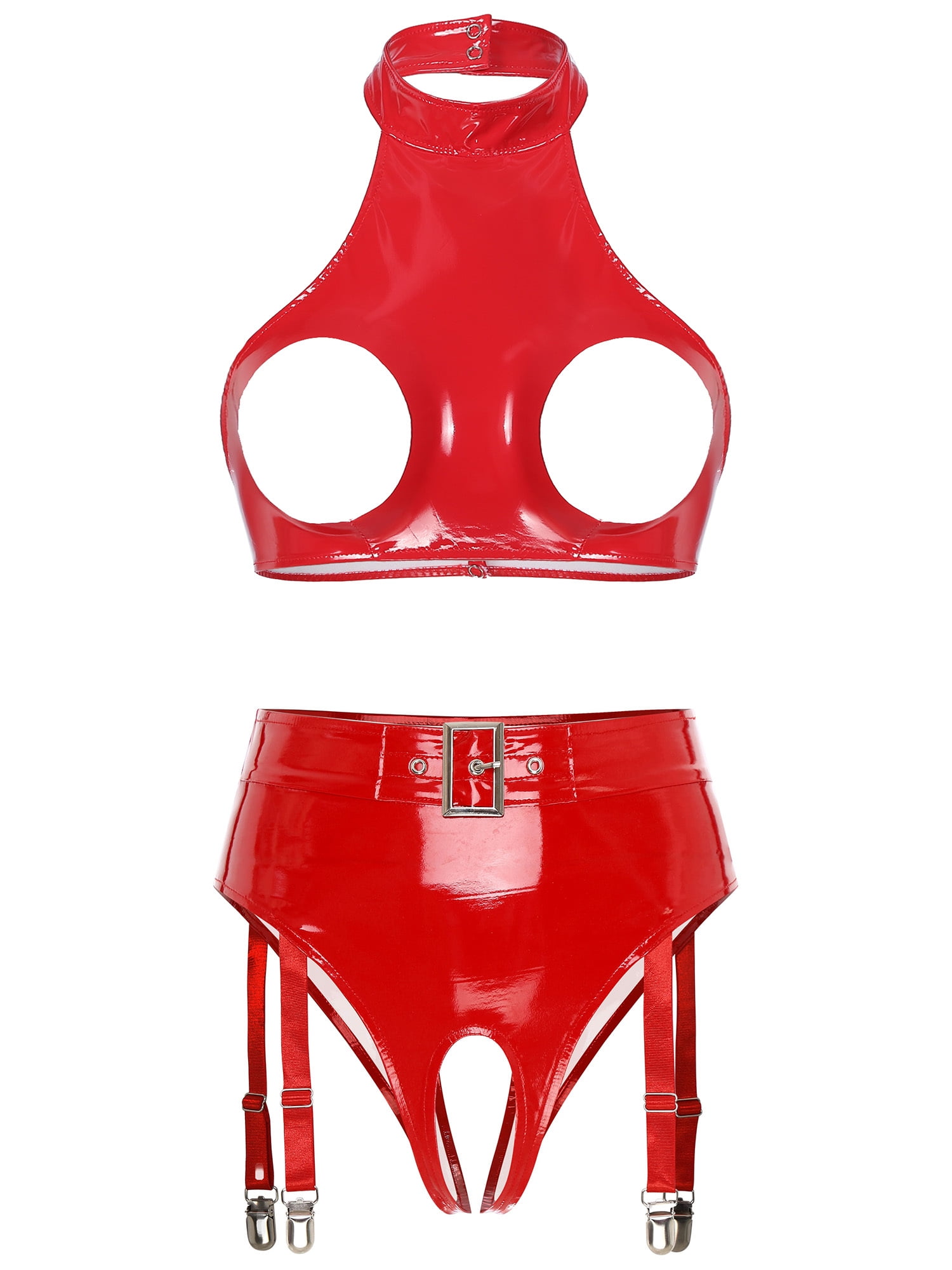 Iefiel Womens Wet Look Patent Leather Lingerie Set Halter Backless Crop