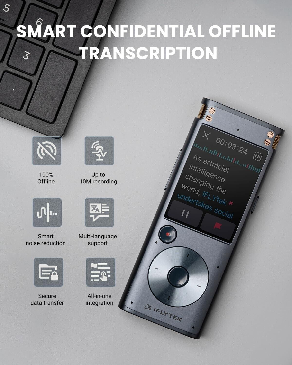 iFLYTEK Rechargeable LCD AI Digital Audio Sound Voice Recorder ...