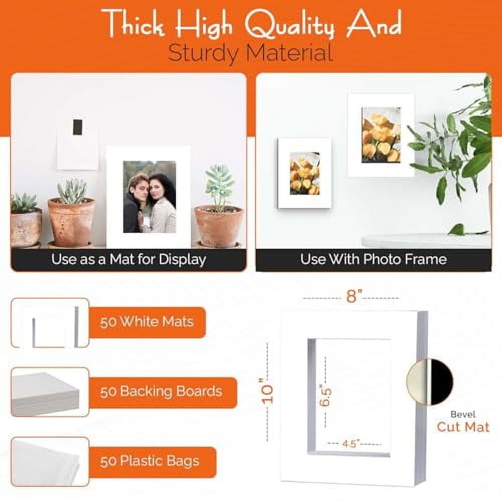 iFrame 8" x 10" Pre-Cut White Mats with Light Cream Bevel-Cut + Backing ...