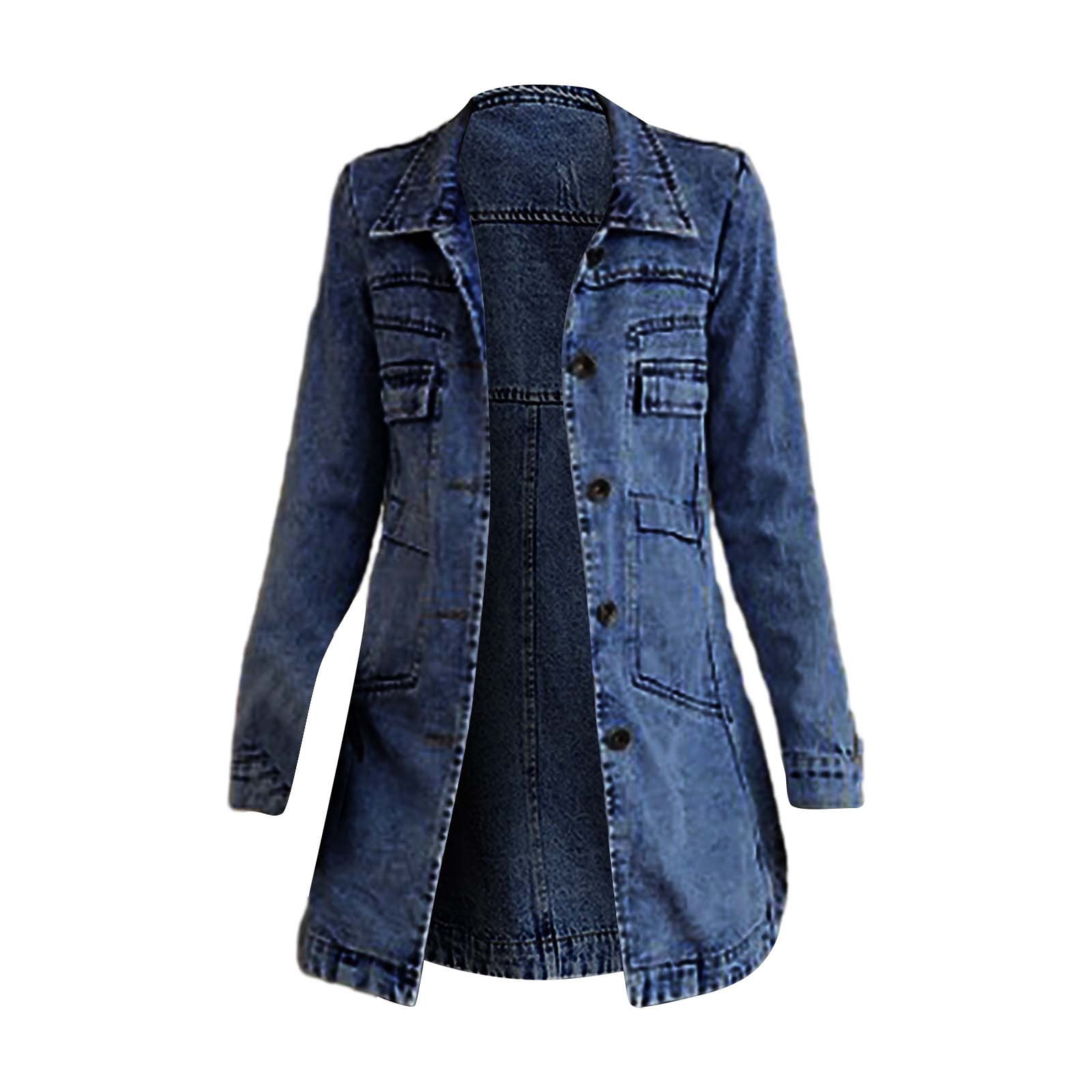 iHPH7 Long Denim Jacket Denim Trench Coat Women Denim Button Down Shirt ...