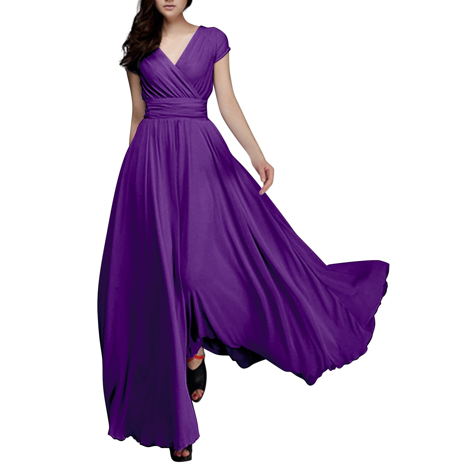 Ihph7 Womens Summer Dress Solid Color V Neck Short Sleeved Chiffon Waist Dress Pp1 M