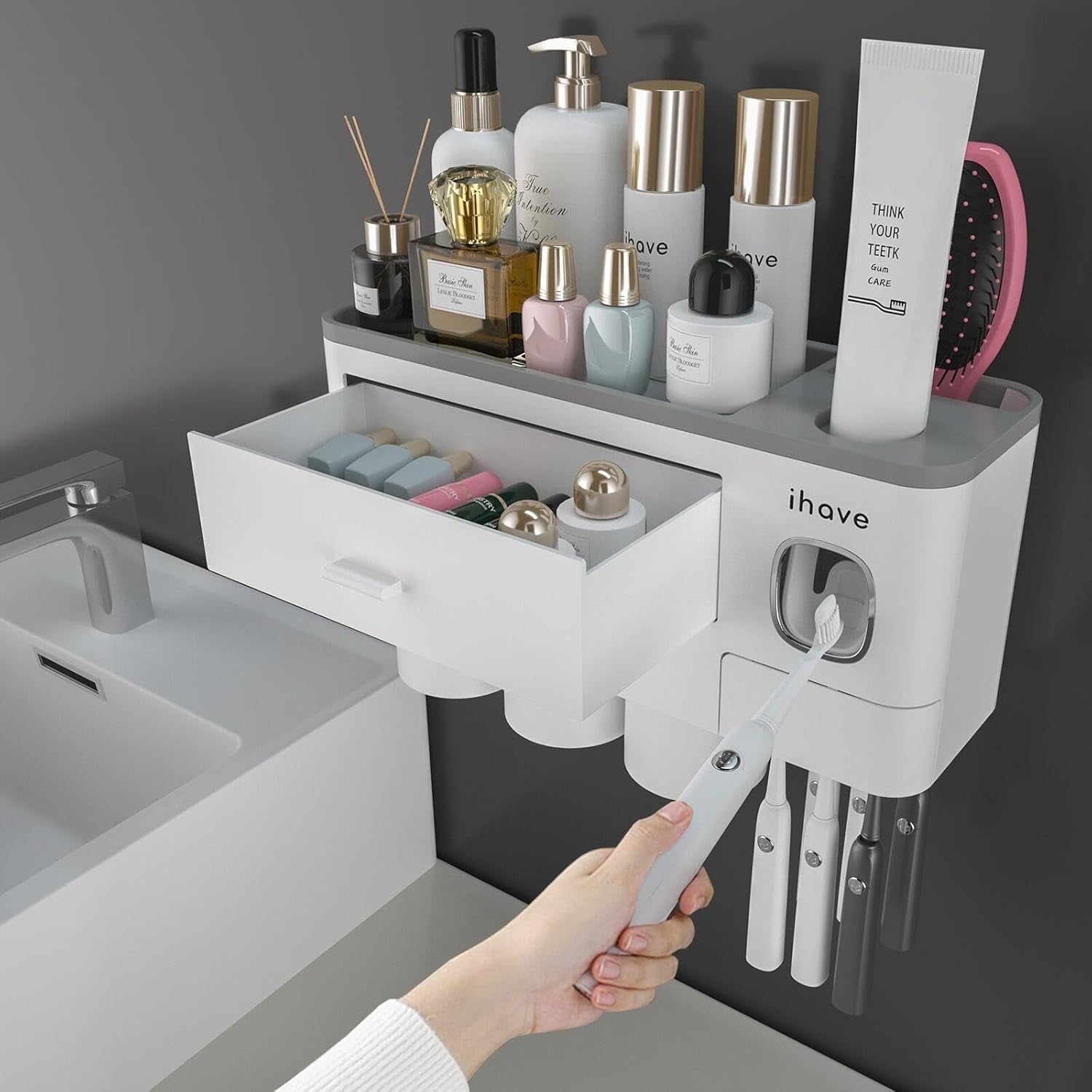 iHave Toothbrush Holder Bathroom Organizer, Wall Mounted with 3 Cups ...
