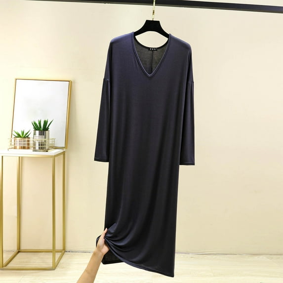 iHengLiXing Womens Pajamas Plus Size Dresses Women Solid Color V-Neck Long Sleeves Dress ...