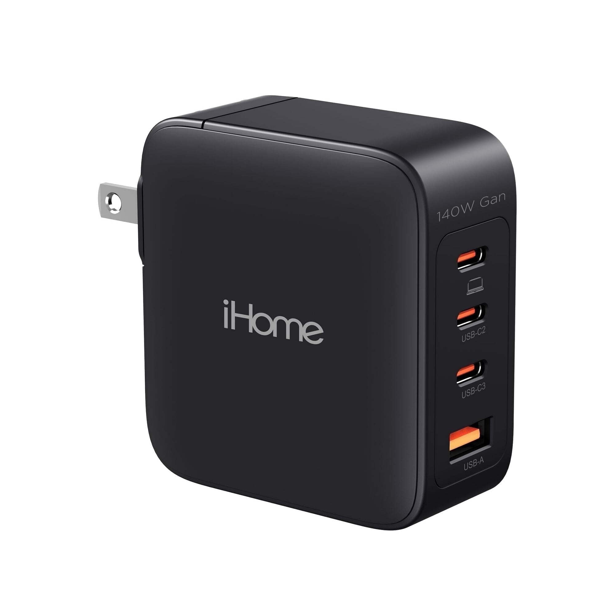 iHome 140W GaN Wall Charger, 3 USB-C PD Ports & 1 USB-A, 4-Port Fast ...