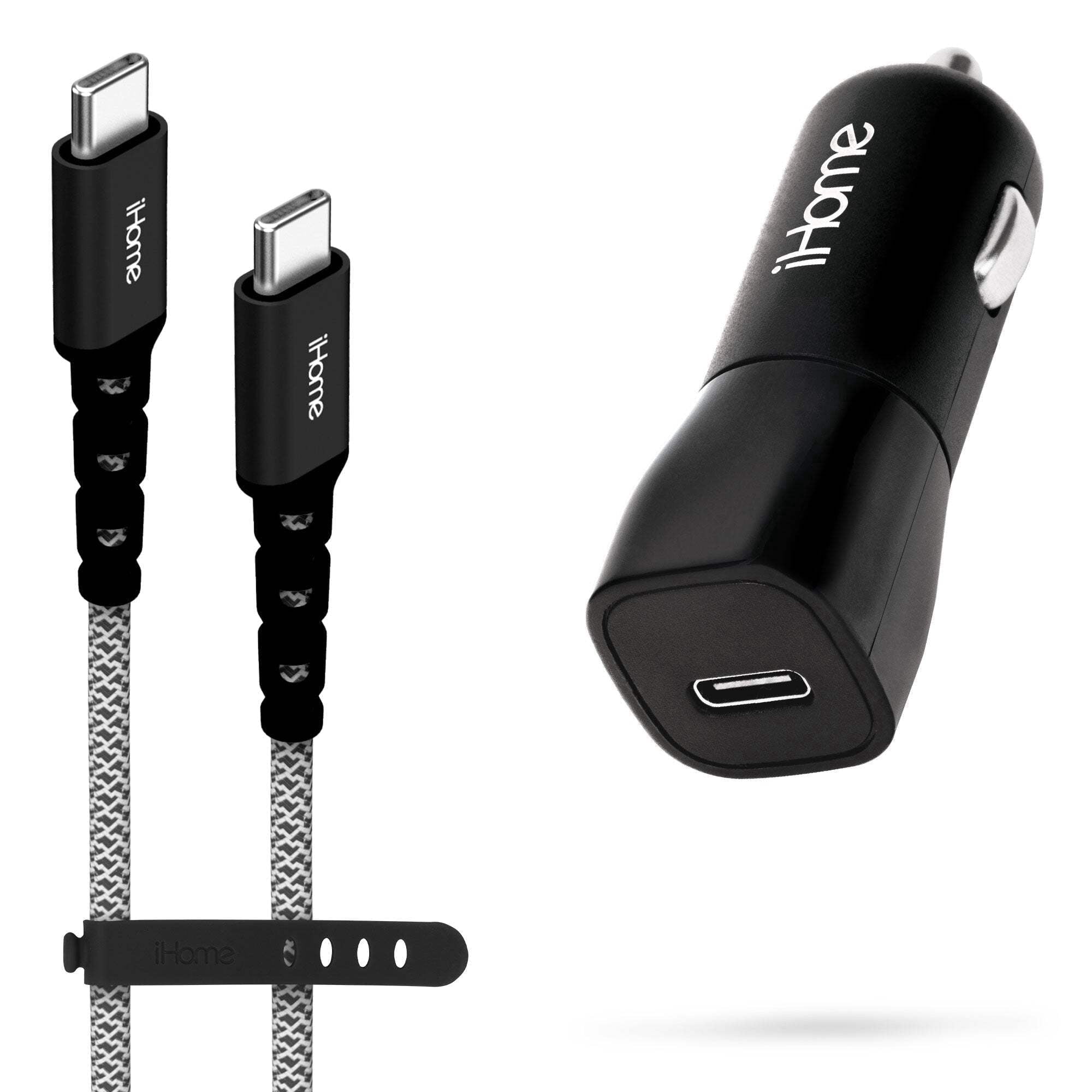 iHome 18W USB-C Car Charger with 3Ft USB-C to USB-C Cable and Silicone ...