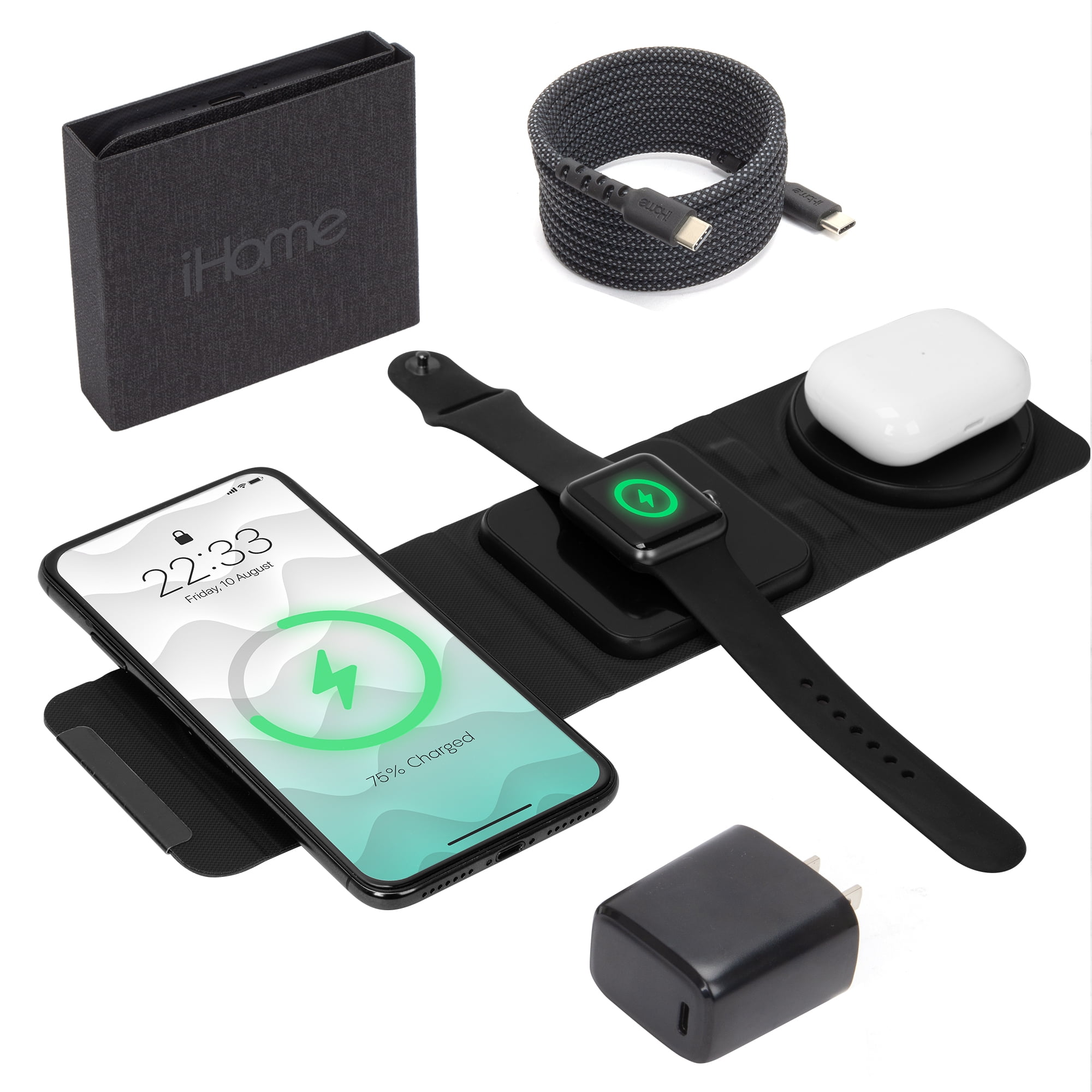 iHome 3-in-1 Foldable Wireless Charging Kit, 15W Wireless Charger for ...