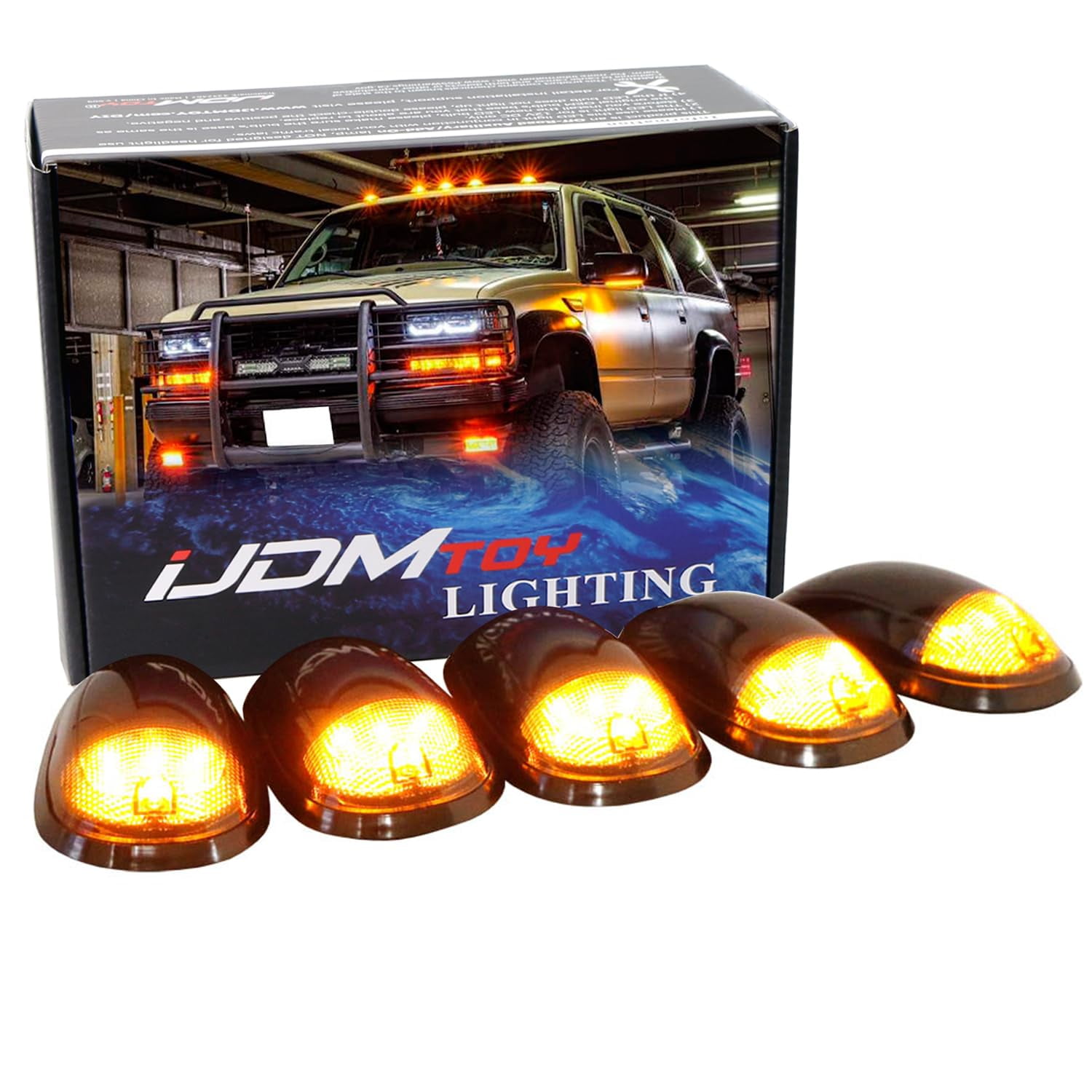 iJDMTOY 5pc Smoked Lens OIF8 Amber LED Cab Roof Marker Light Kit ...