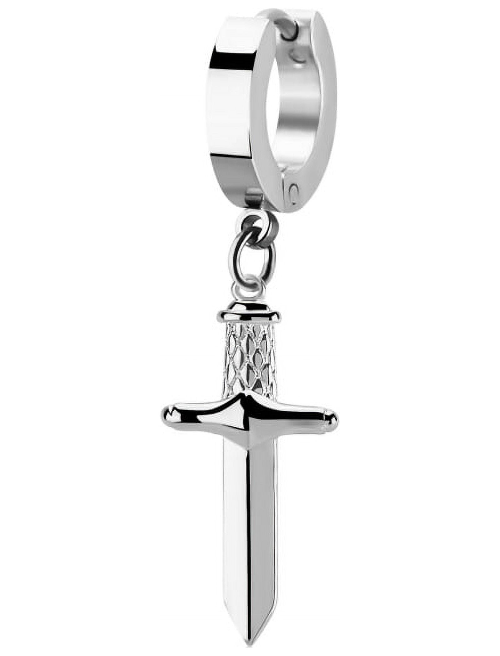iJewelry2 Dangling Dagger Sword Silver-tone Stainless Steel Huggie Hoop Helix Earring Piercing ...